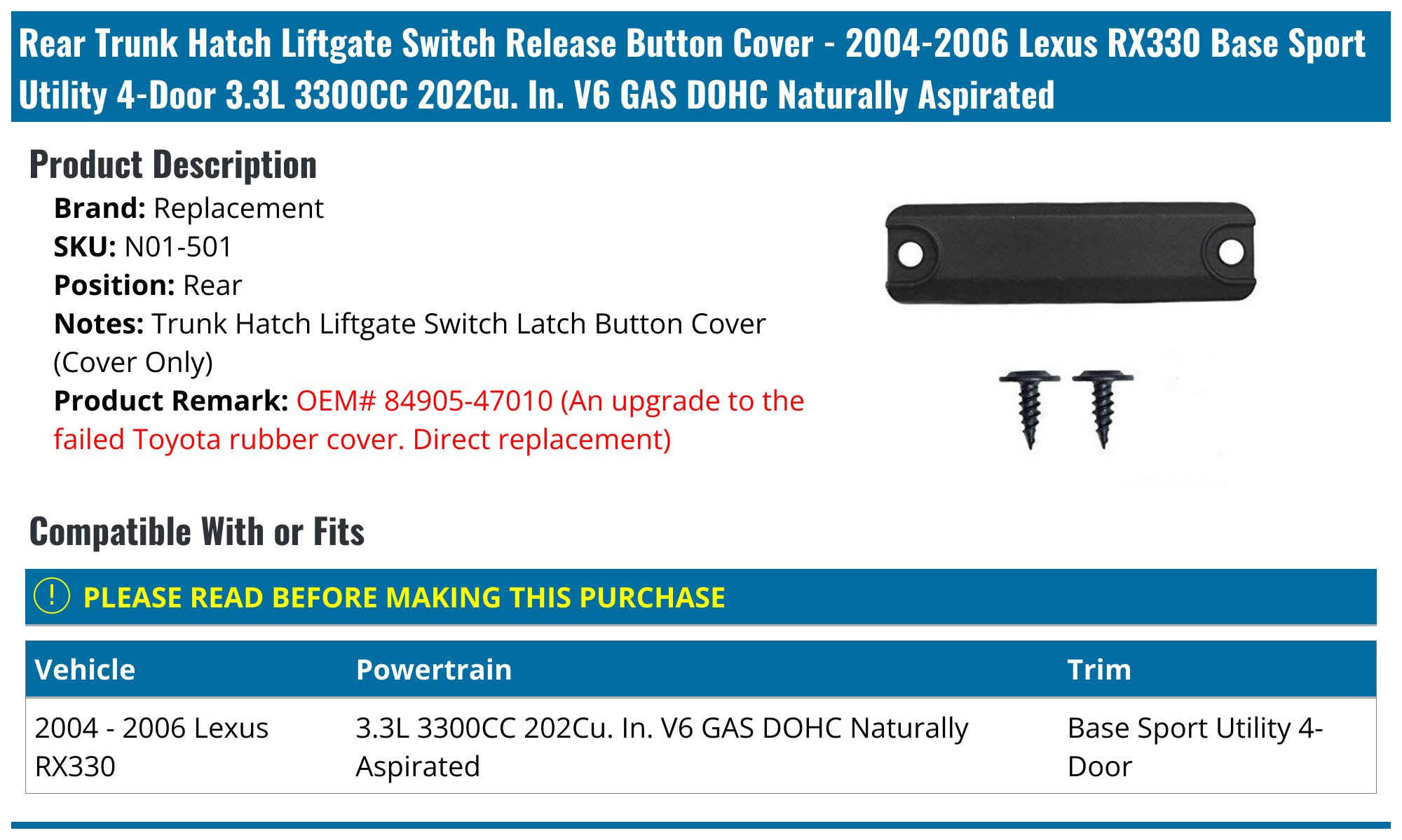 2004-2006 Lexus RX330 Trunk Lid Release Switch - Replacement N01-501 ...