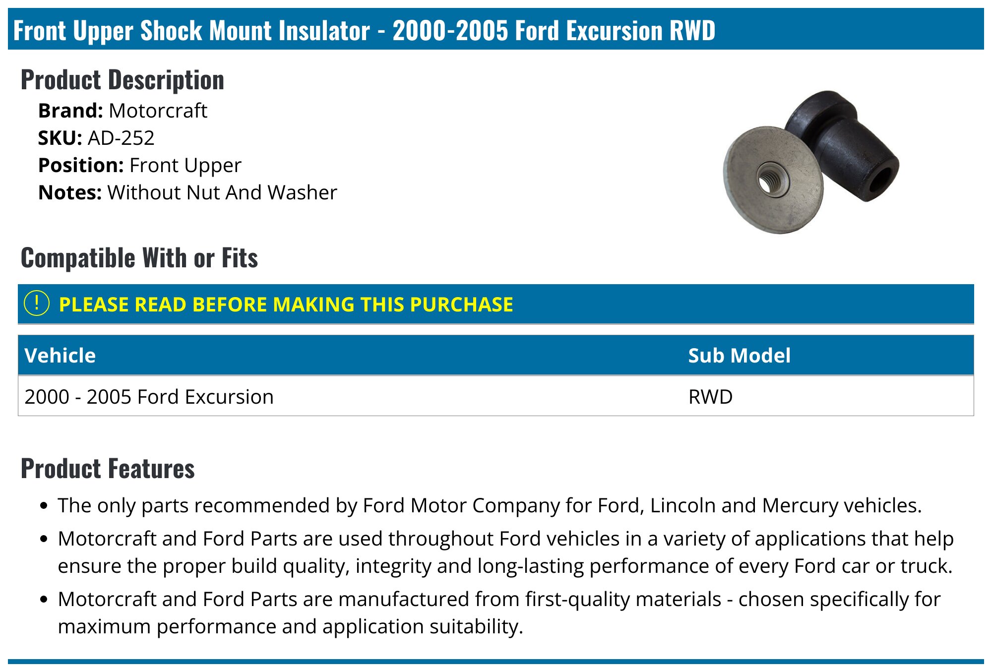 2000-2005 Ford Excursion Shock Mount Insulator - Motorcraft AD-252 ...