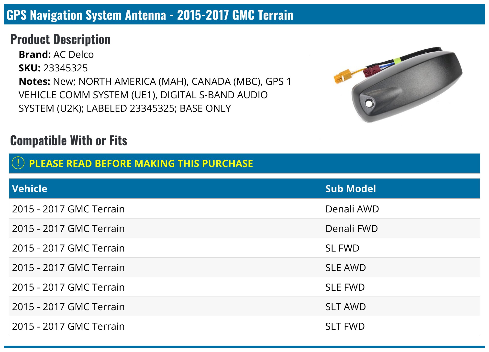 2015-2017 GMC Terrain GPS Navigation System Antenna - AC Delco 23345325 ...