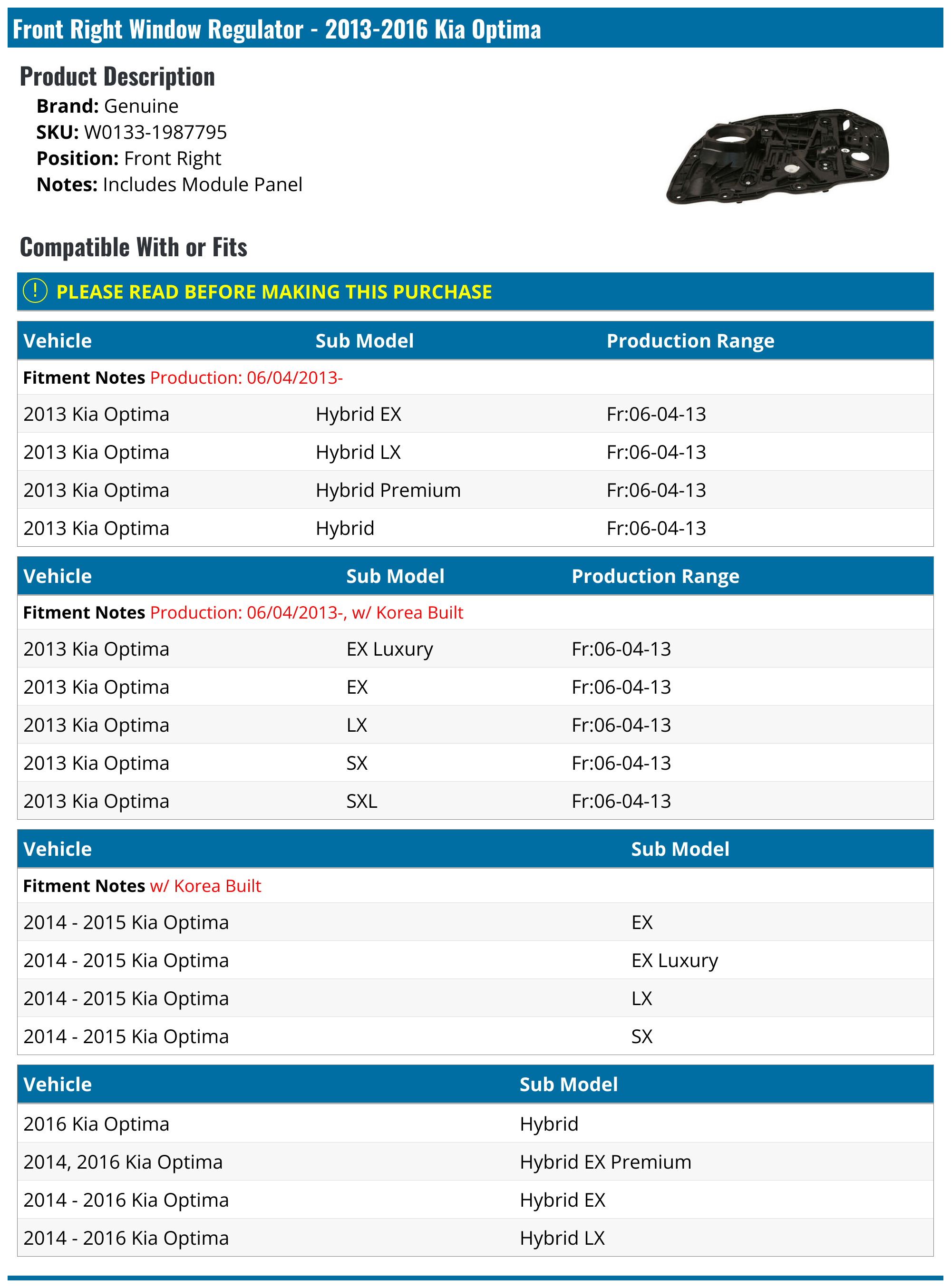 2013-2016 Kia Optima Window Regulator - Genuine W0133-1987795 - Front ...