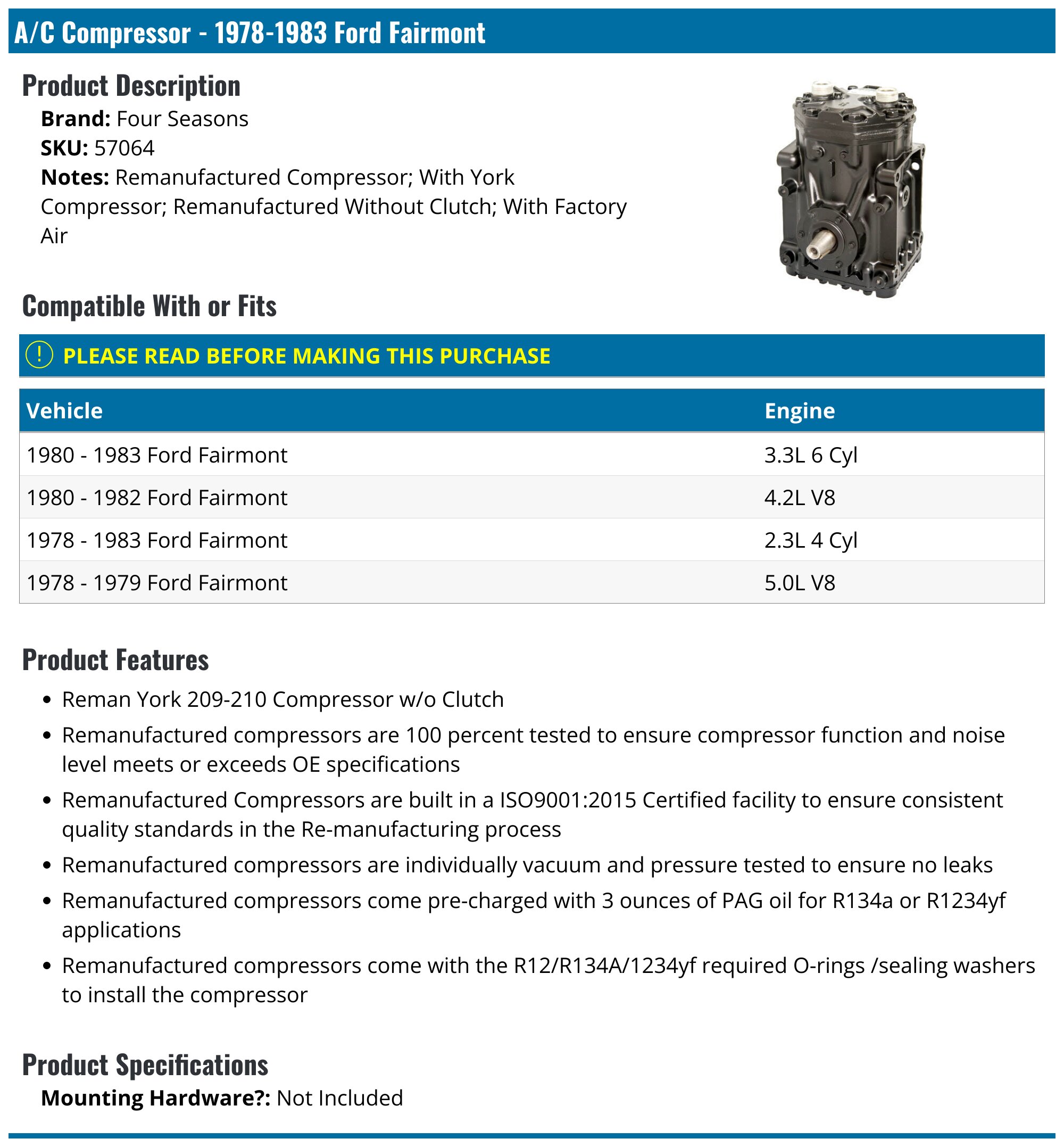 1978-1983 Ford Fairmont A/C Compressor - Four Seasons 57064 - PartsGeek.com