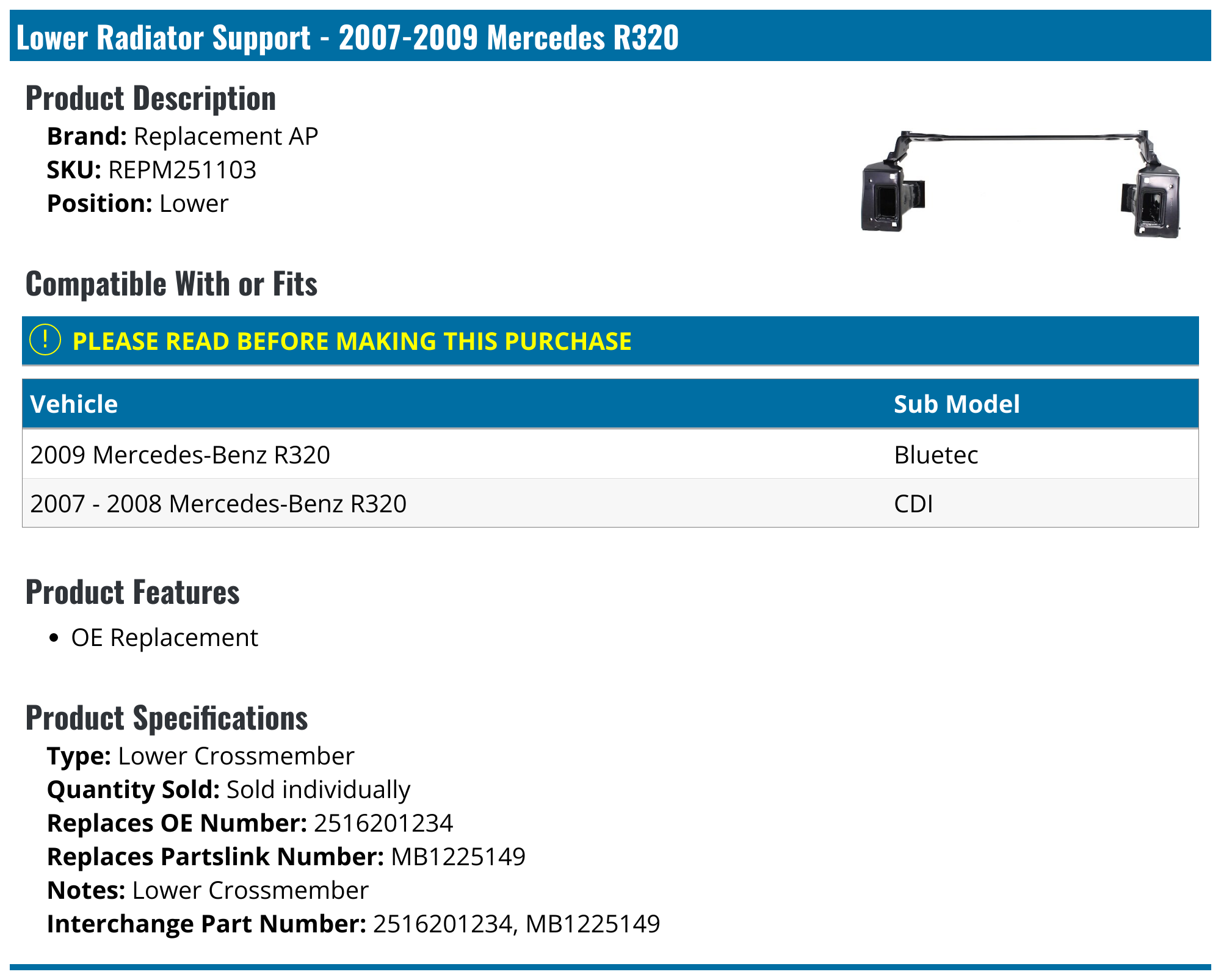 2007-2009 Mercedes R320 Radiator Support - Replacement AP REPM251103 ...
