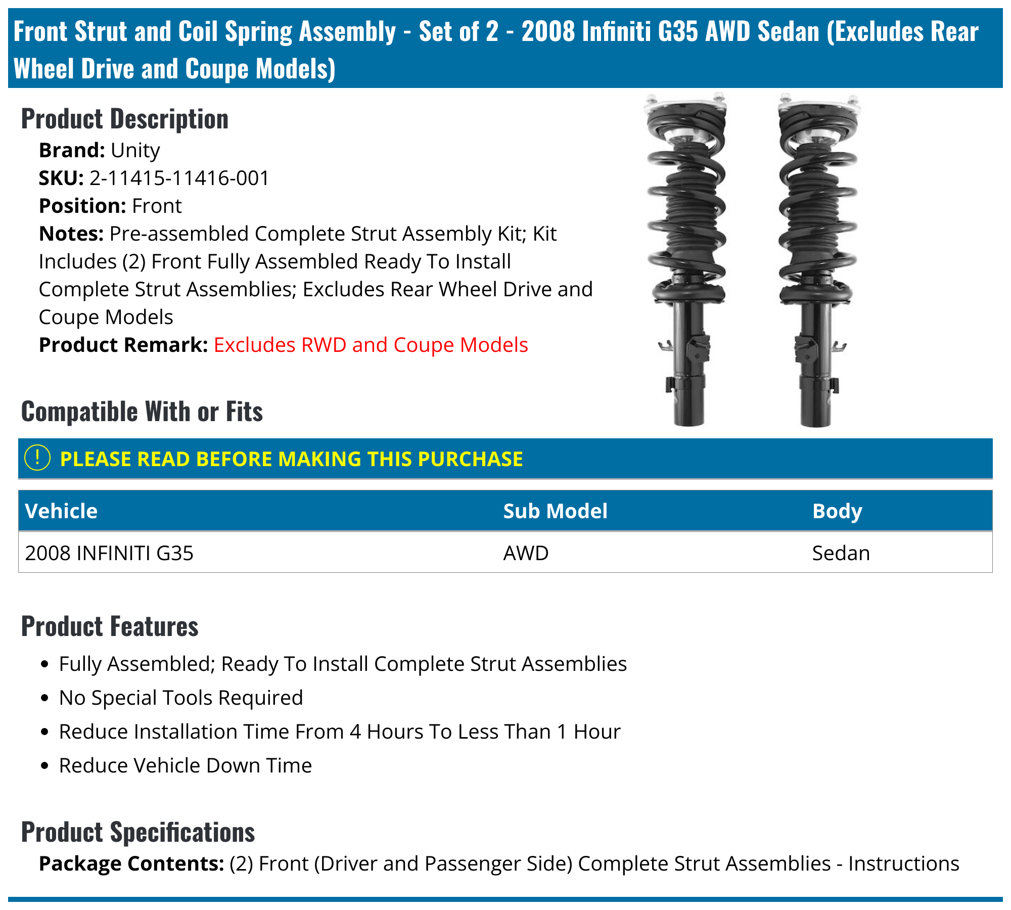 2008 Infiniti G35 Strut Assembly - Unity 2-11415-11416-001 - Front ...