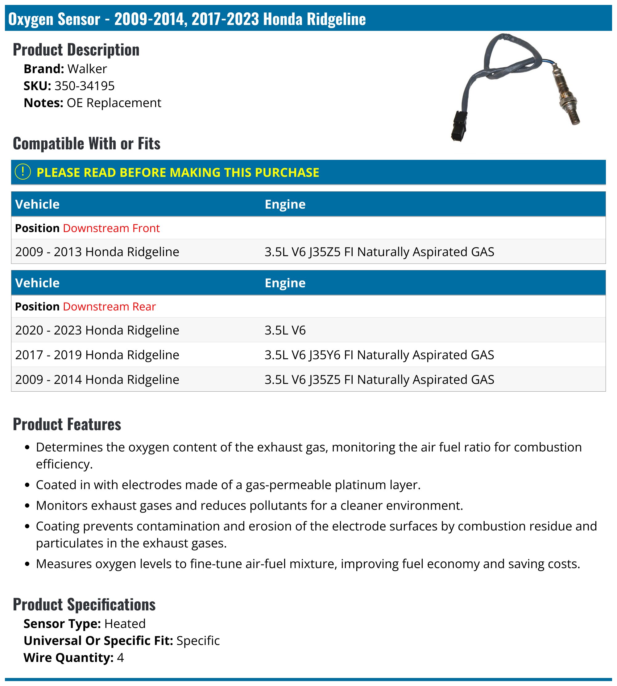 2009-2014, 2017-2024 Honda Ridgeline Oxygen Sensor - Walker 350-34195 ...
