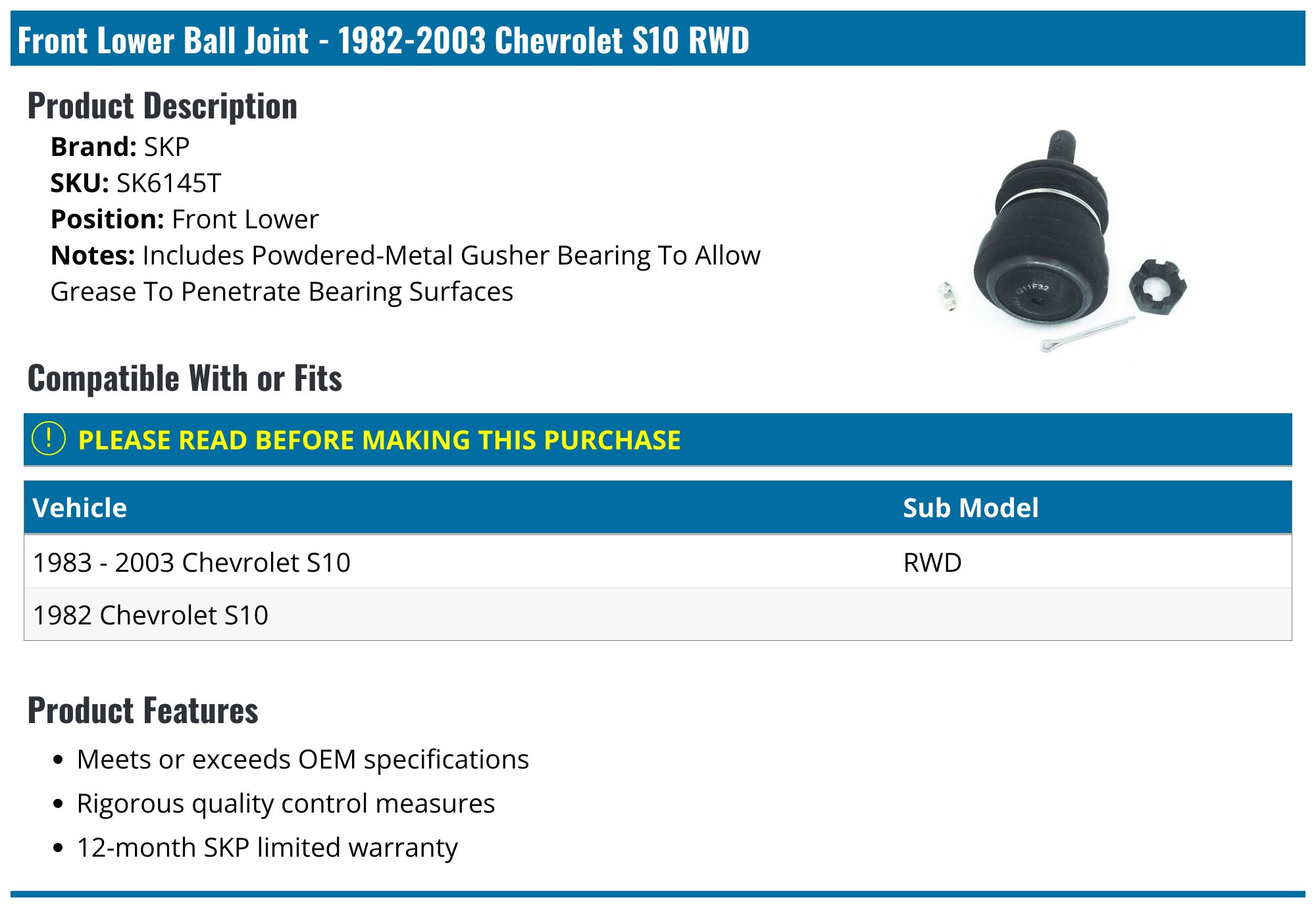 1982-2003 Chevrolet S10 Ball Joint - SKP SK6145T - Front Lower ...