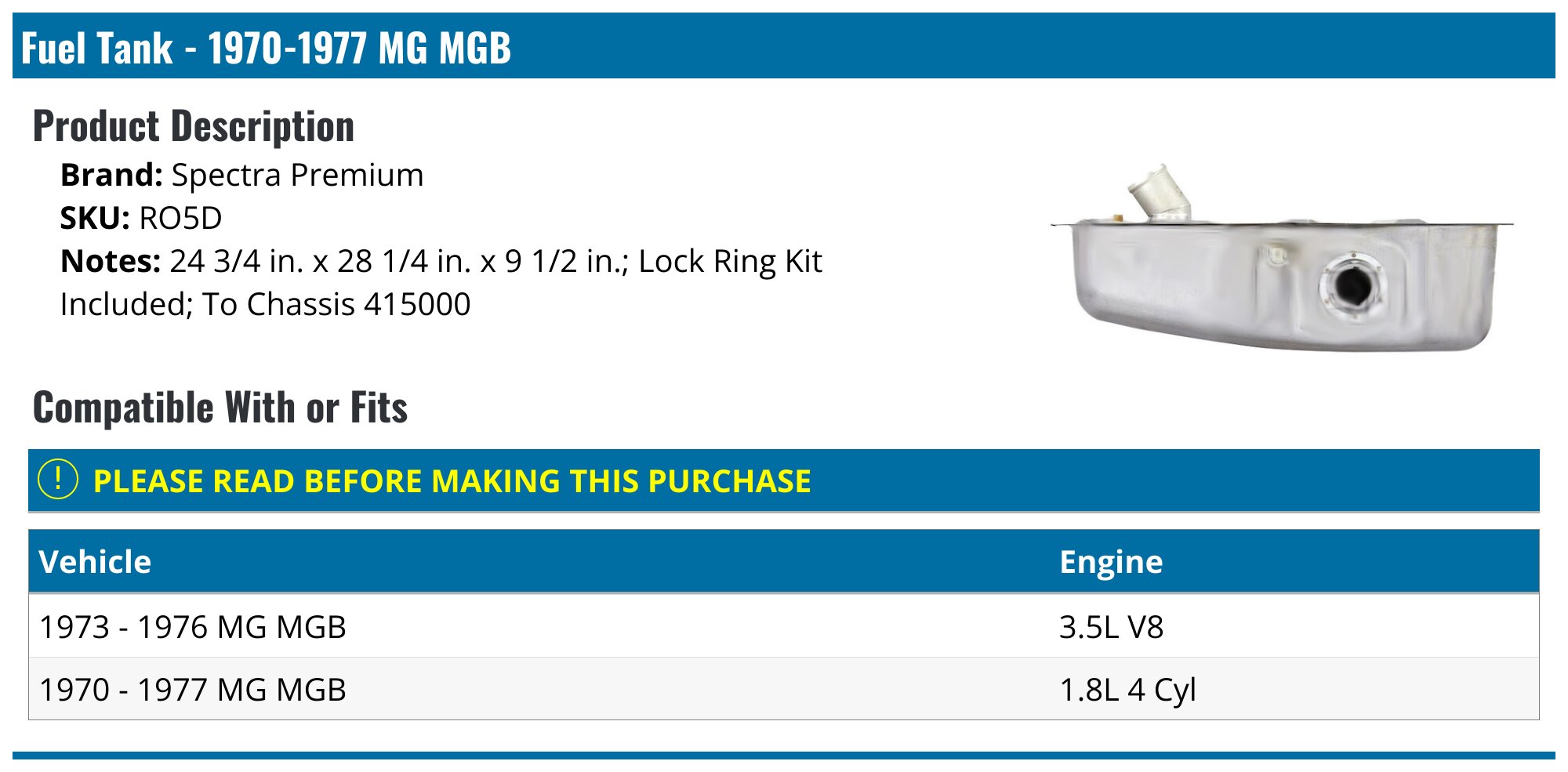 1970-1977 MG MGB Fuel Tank - Spectra Premium RO5D - PartsGeek.com