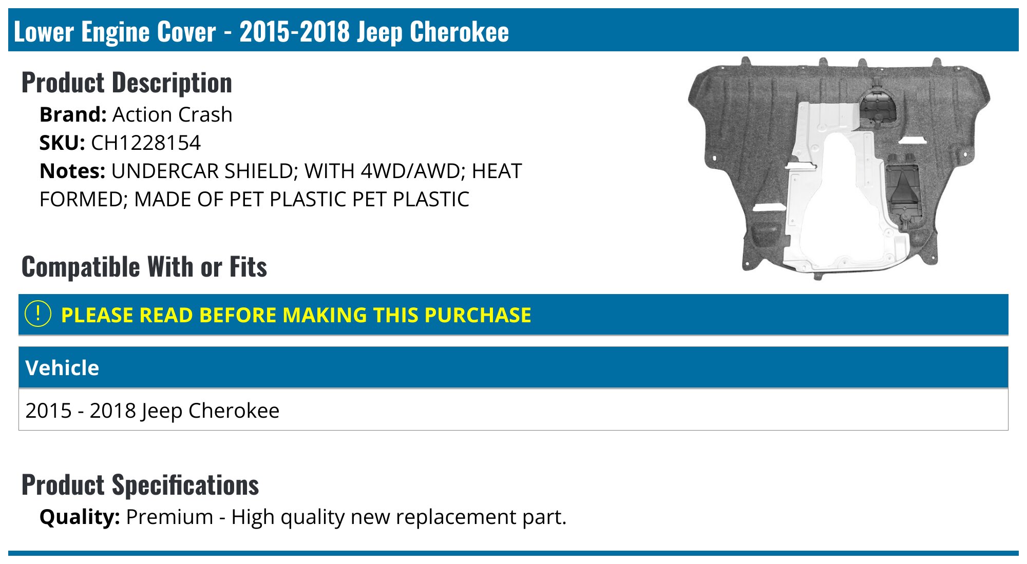 2015-2018 Jeep Cherokee Lower Engine Cover - Action Crash CH1228154 ...