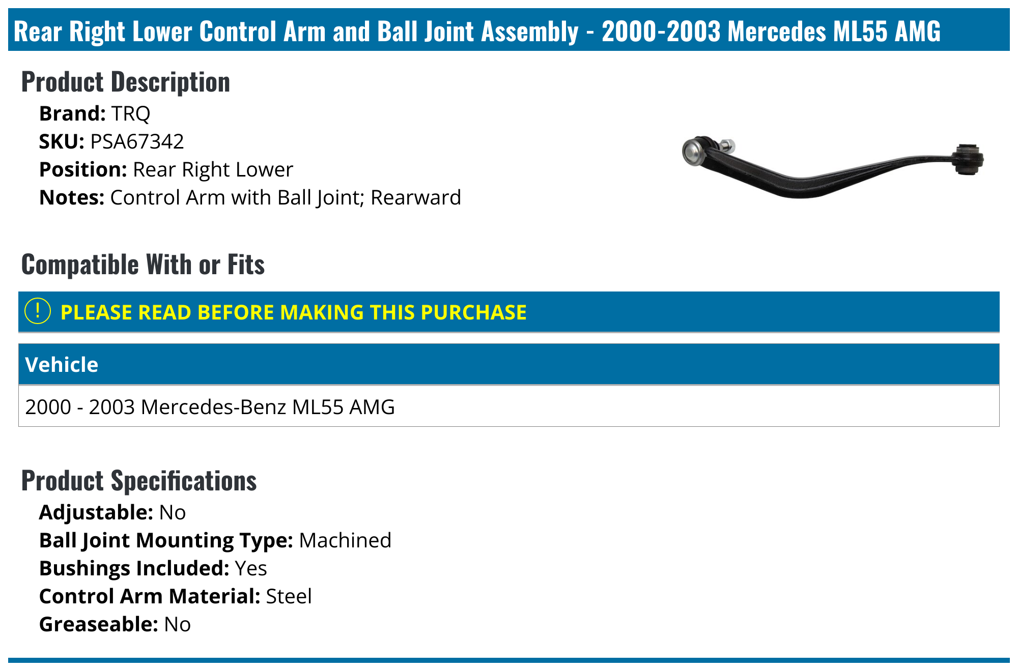 2000-2003 Mercedes ML55 AMG Control Arm - TRQ PSA67342 - Rear Right ...