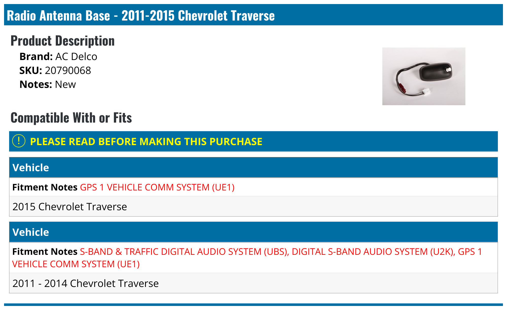 2011-2015 Chevrolet Traverse Radio Antenna Base - AC Delco 20790068 ...