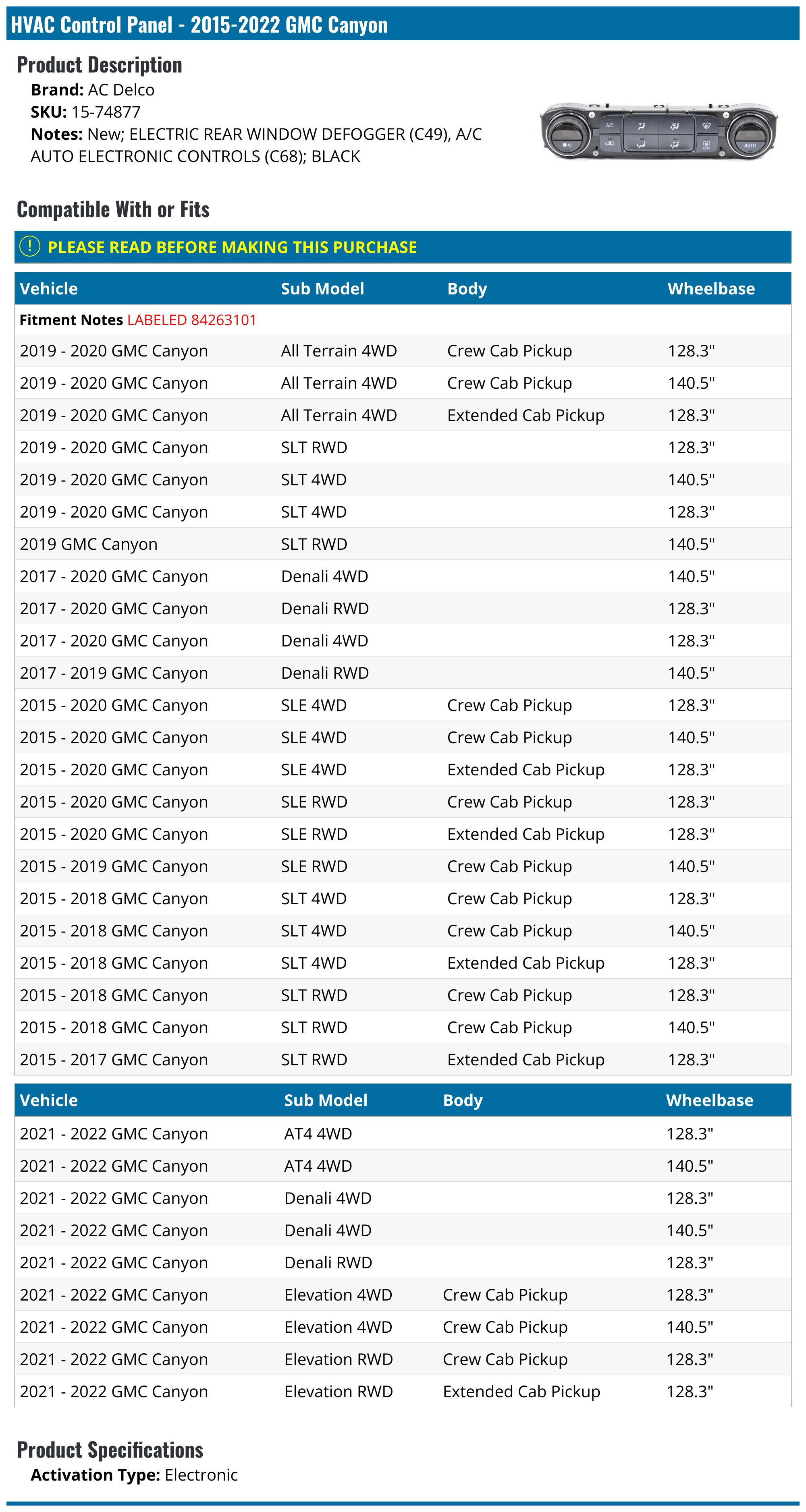 2015-2022 GMC Canyon HVAC Temperature Control Panel - AC Delco 15-74877 ...