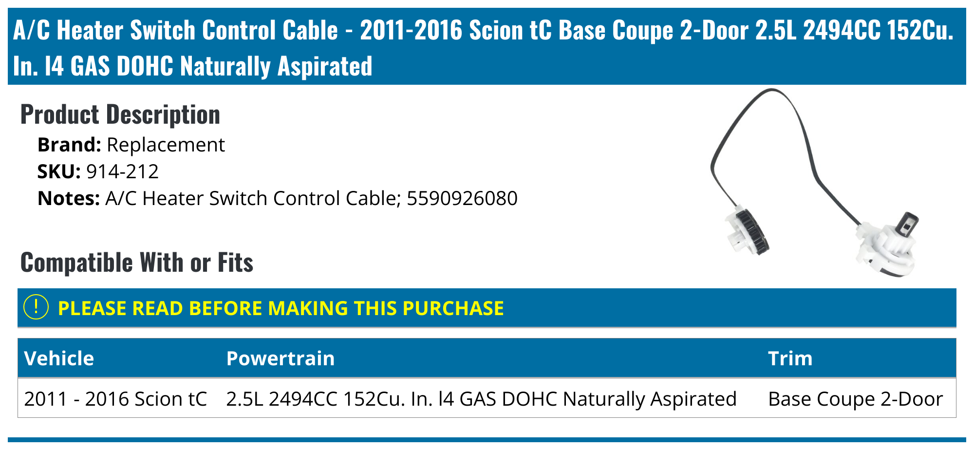 2011-2016 Scion tC A/C Heater Switch Control Cable - Replacement 914 ...