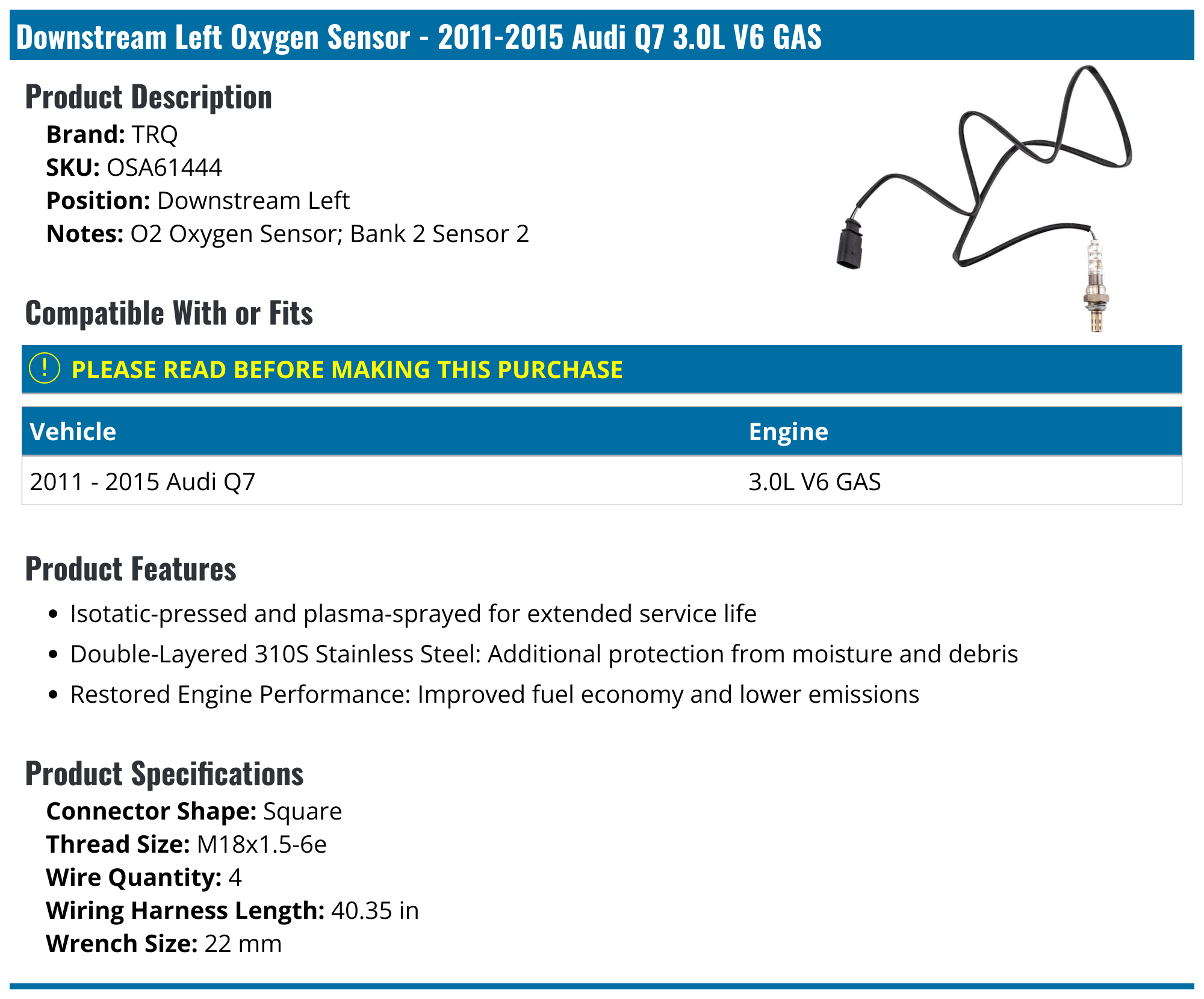 2011-2015 Audi Q7 Oxygen Sensor - TRQ OSA61444 - Downstream Left ...