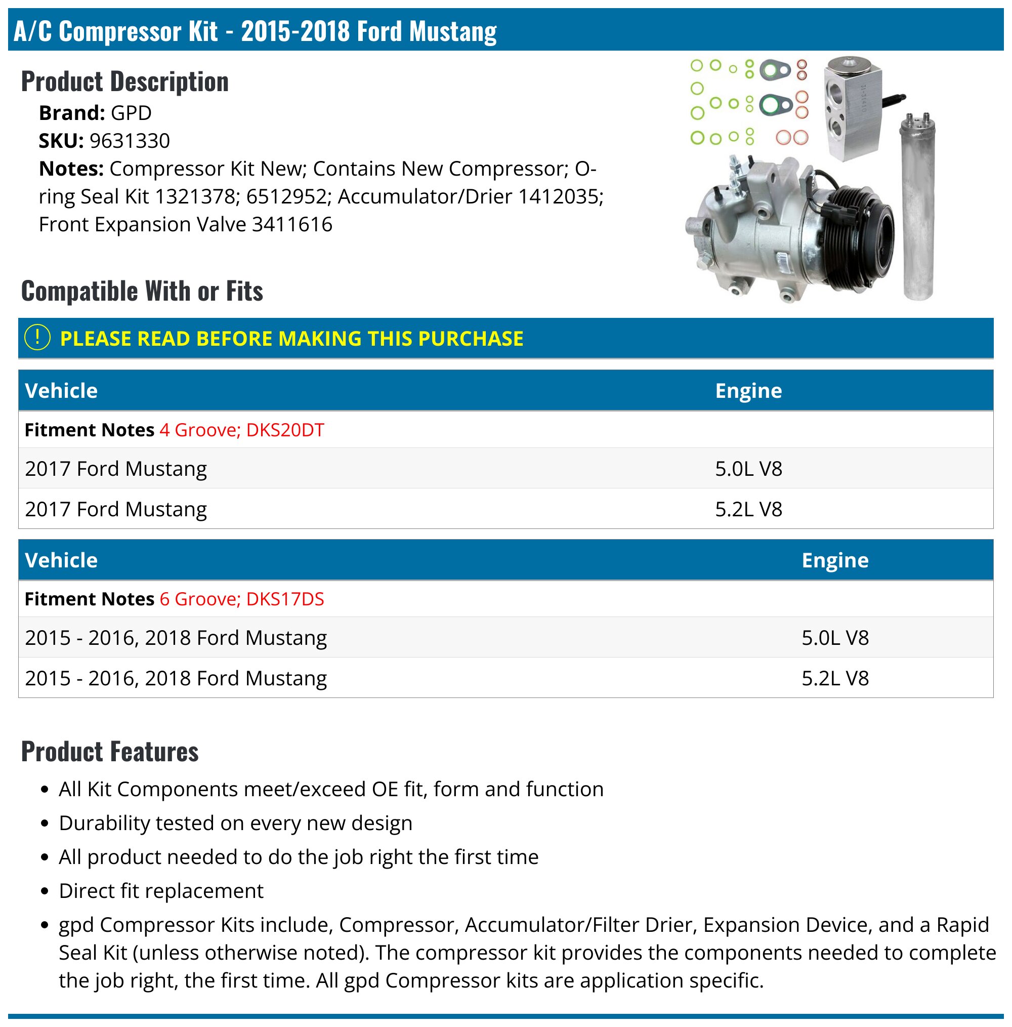 2015-2022 Ford Mustang A/C Compressor - GPD 9631330 - PartsGeek.com