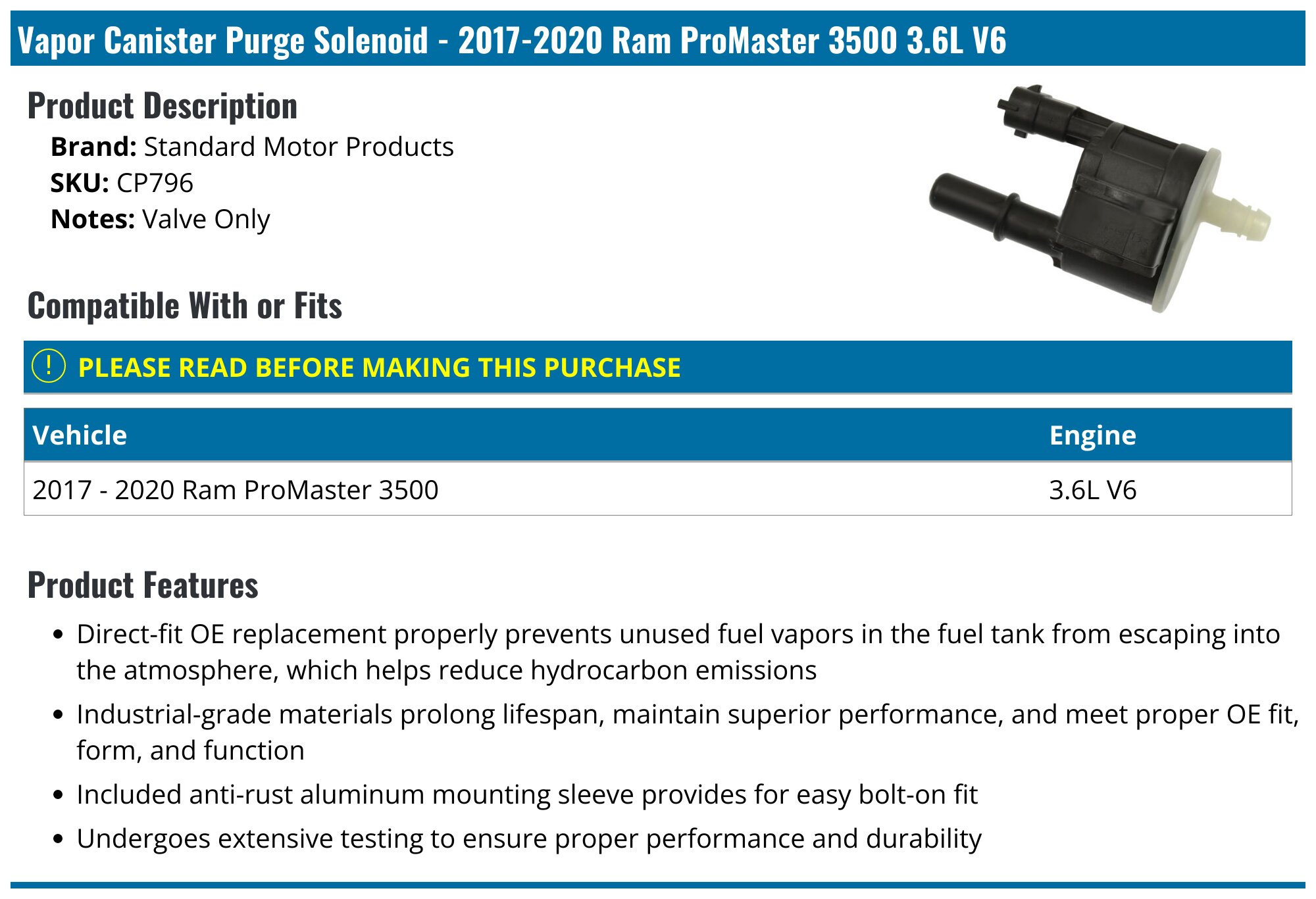 2017-2023 Ram ProMaster 3500 Vapor Canister Purge Solenoid - Standard ...
