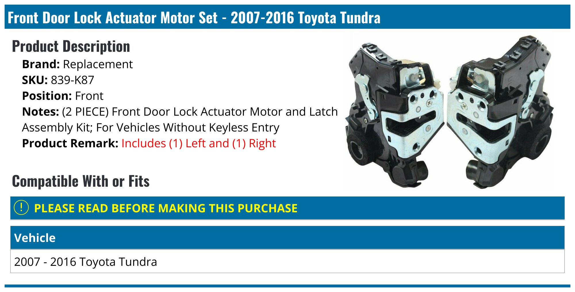2007-2016 Toyota Tundra Door Lock Actuator - Replacement 839-K87 ...