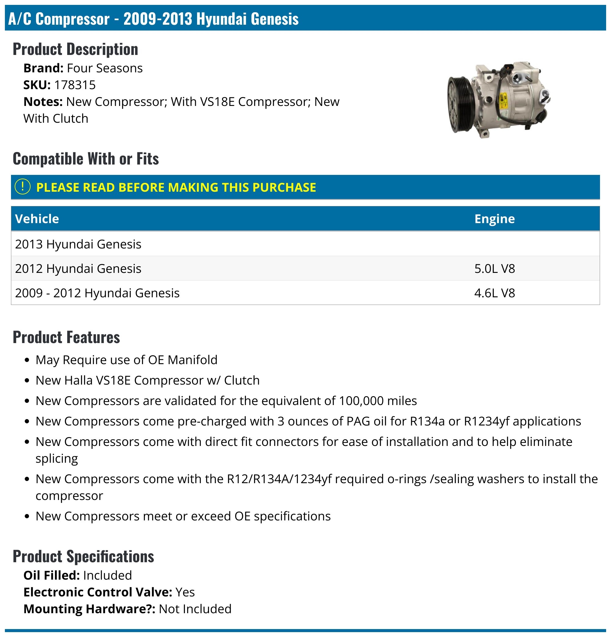 2009-2013 Hyundai Genesis A/C Compressor - Four Seasons 178315 ...