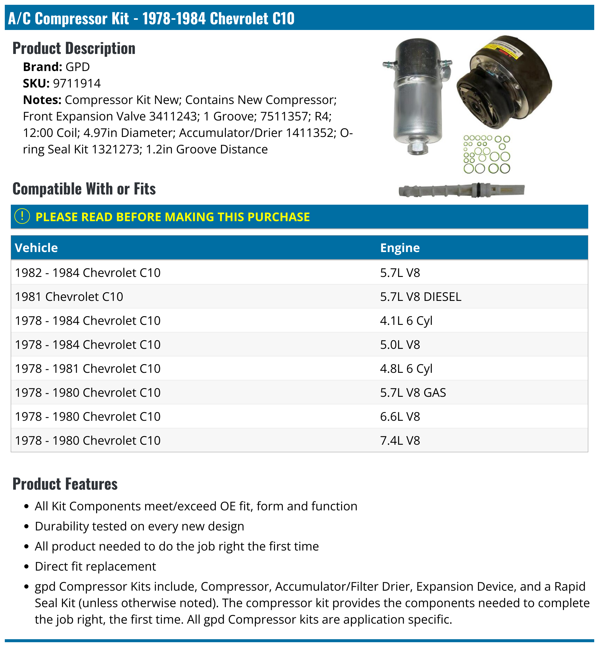 1978-1984 Chevrolet C10 A/C Compressor - GPD 9711914 - PartsGeek.com