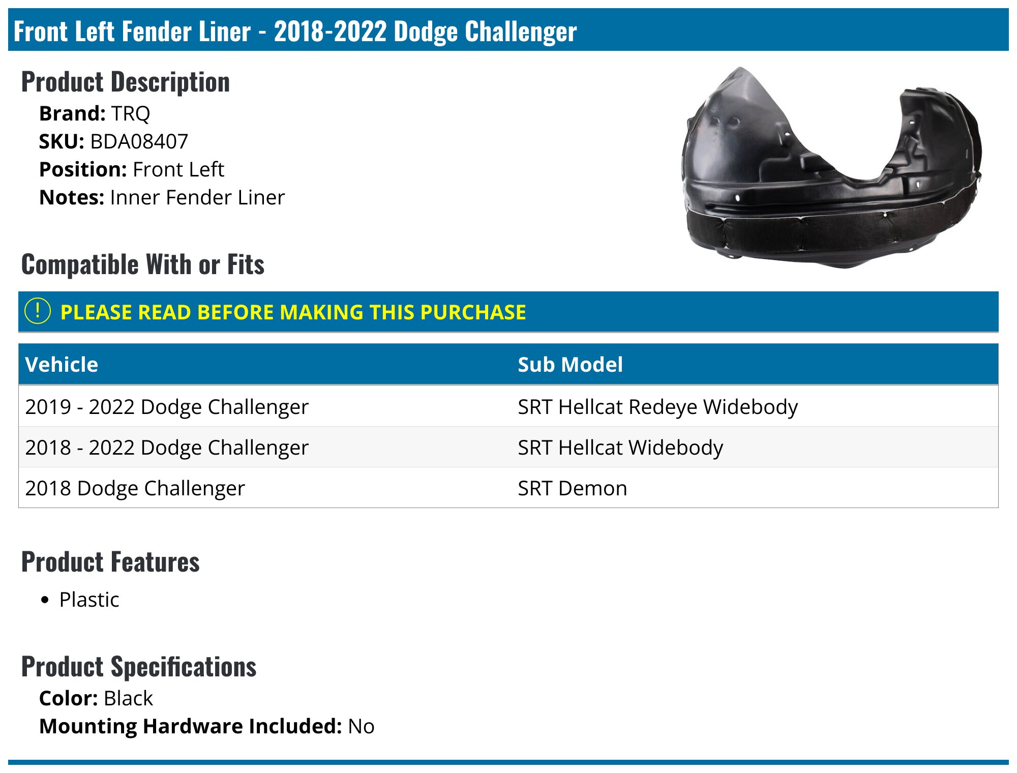 2018-2022 Dodge Challenger Fender Liner - TRQ BDA08407 - Front Left ...