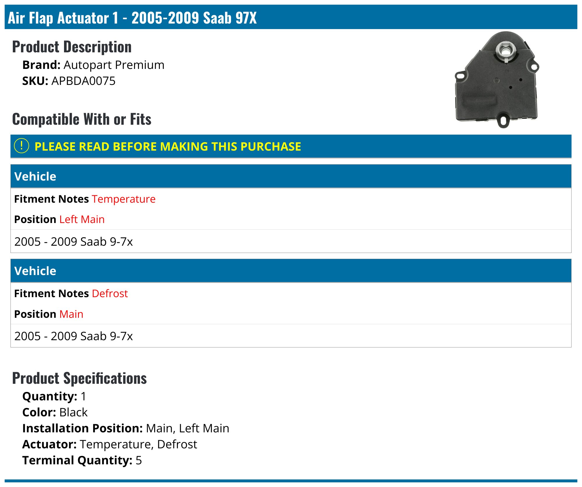 2005-2009 Saab 97X Air Flap Actuator - Autopart Premium APBDA0075 ...