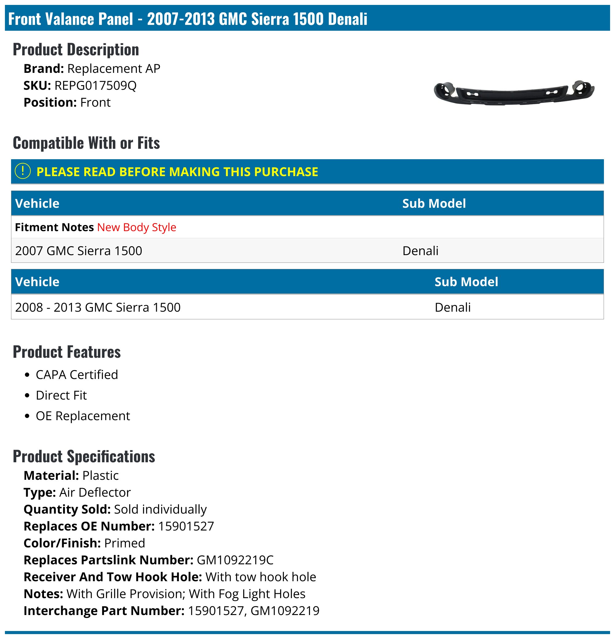 2007-2013 GMC Sierra 1500 Valance Panel - Replacement AP REPG017509Q ...