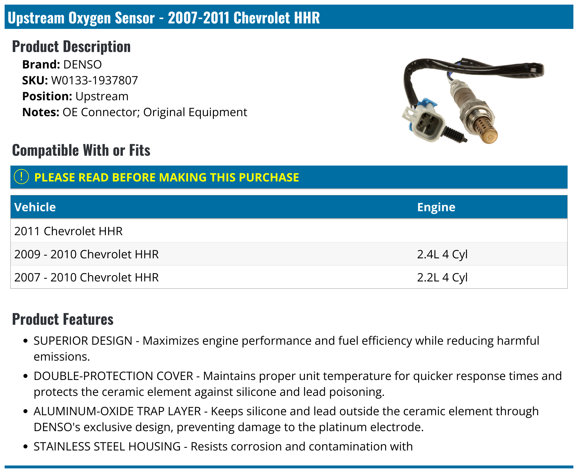 2007-2011 Chevrolet HHR Oxygen Sensor - Denso W0133-1937807 - Upstream ...