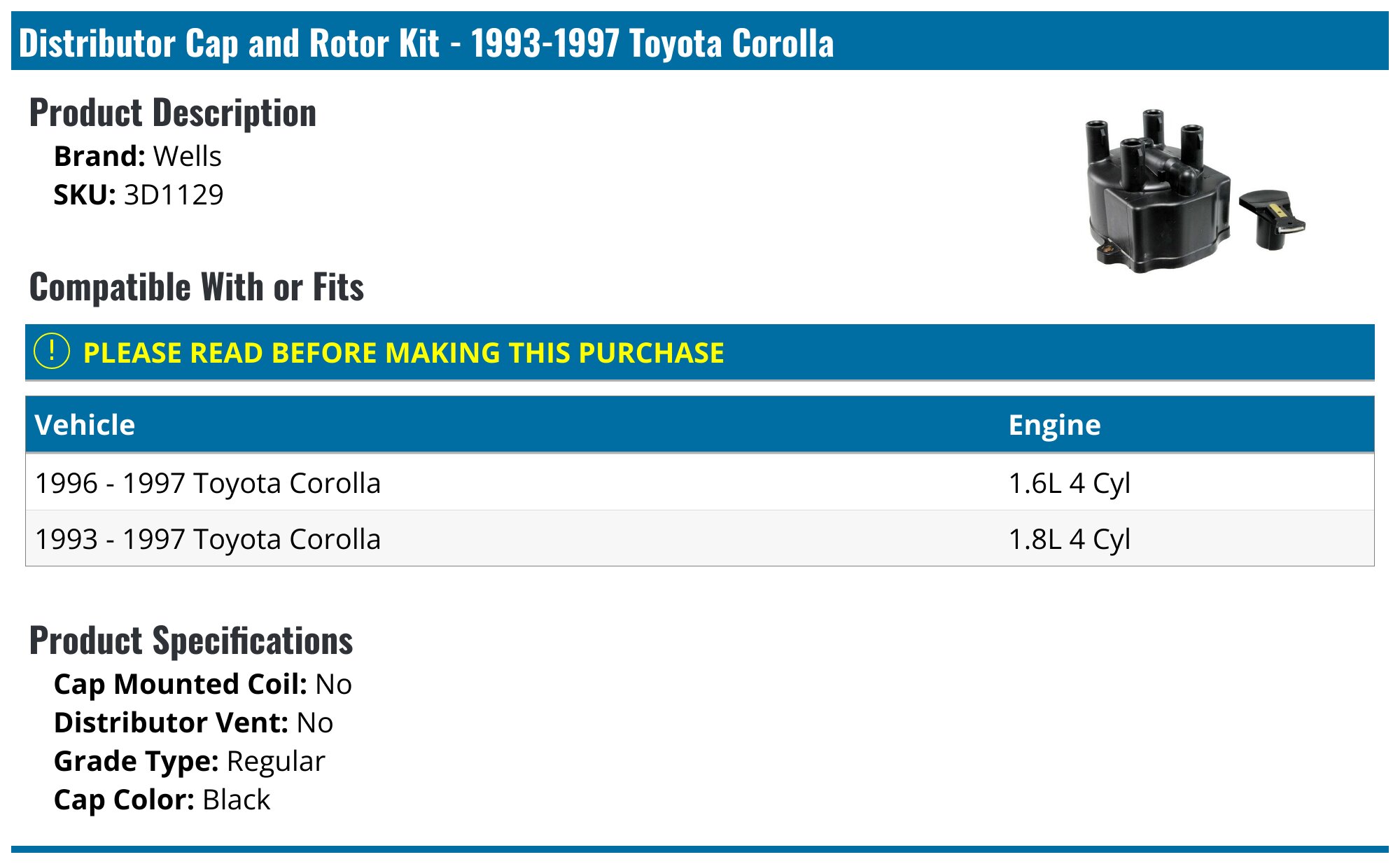 1993-1997 Toyota Corolla Distributor Cap - Wells 3D1129 - PartsGeek.com