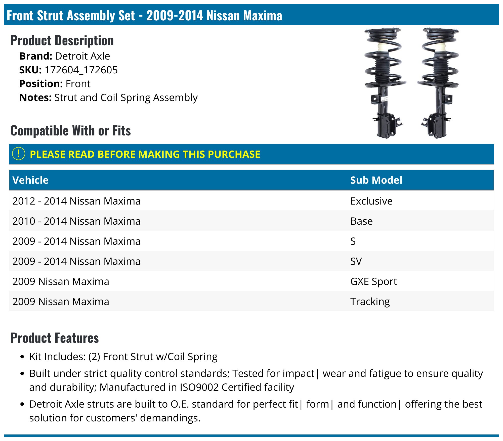 2009-2014 Nissan Maxima Strut Assembly - Detroit Axle 172604_172605 ...