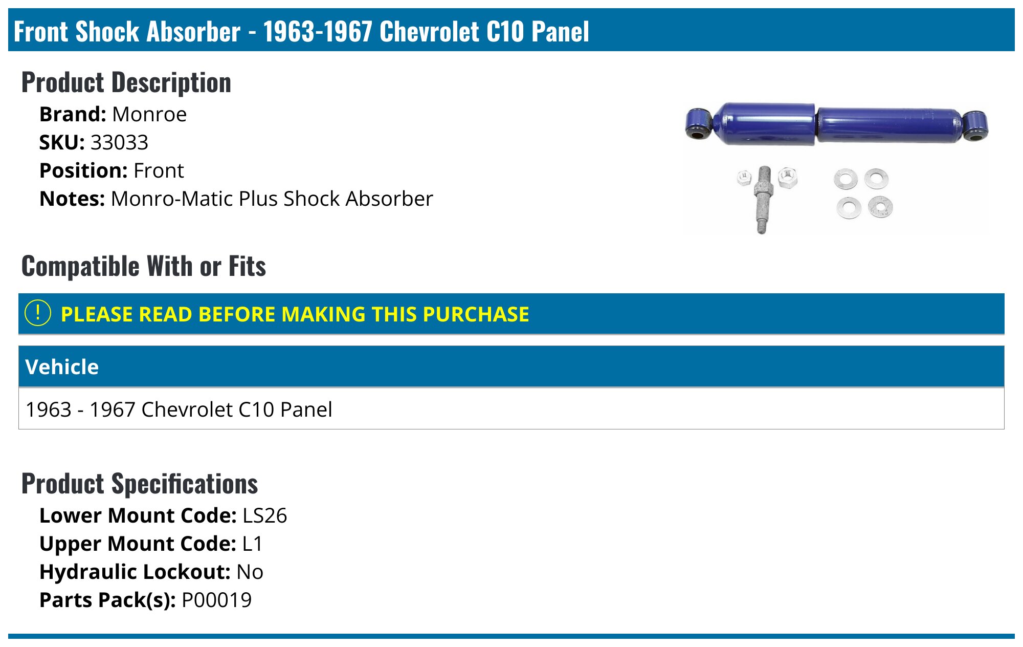 1963-1967 Chevrolet C10 Panel Shock Absorber - Monroe 33033 - Front ...