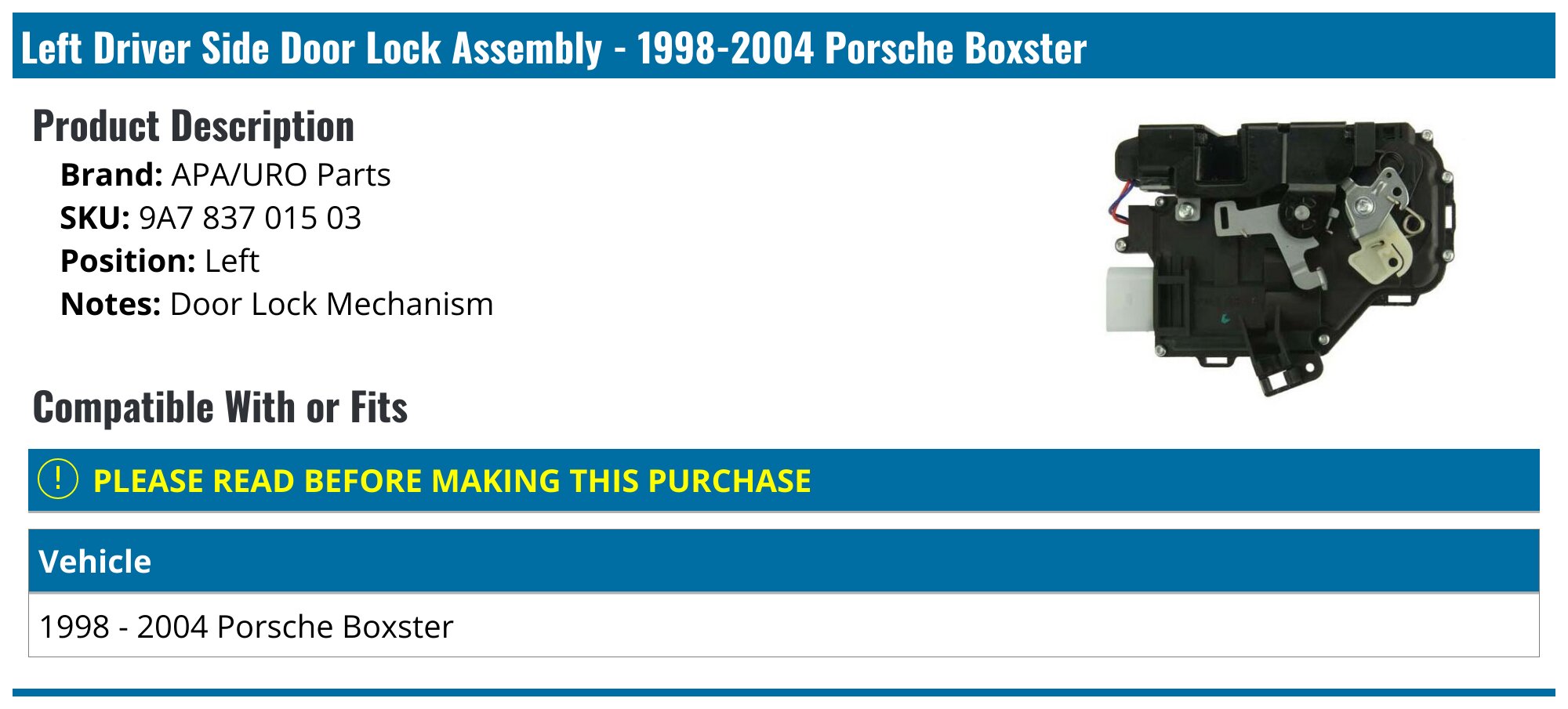 1998-2004 Porsche Boxster Door Lock Actuator - APA/URO Parts 9A7 837 ...