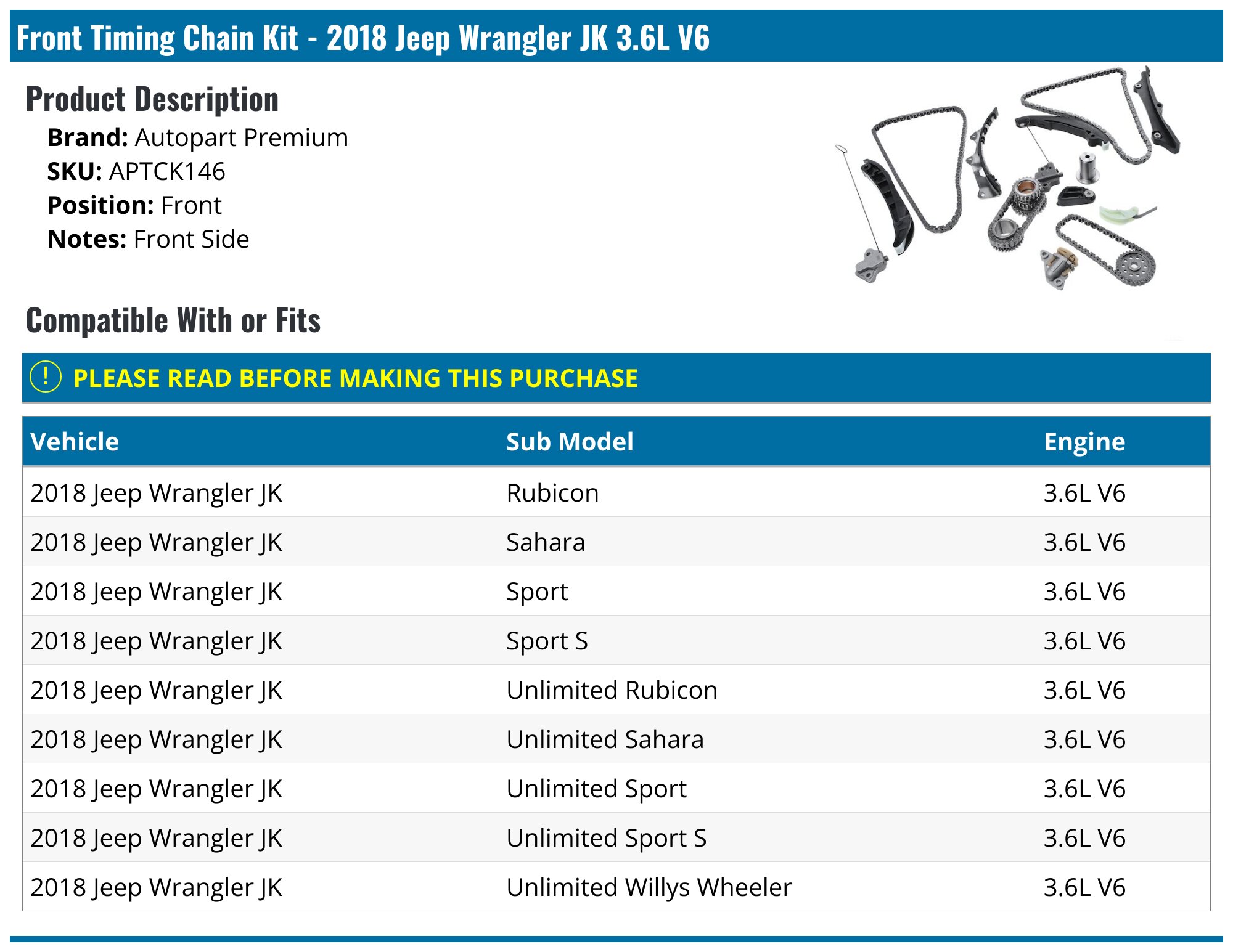 2018 Jeep Wrangler JK Timing Chain - Autopart Premium APTCK146 - Front ...