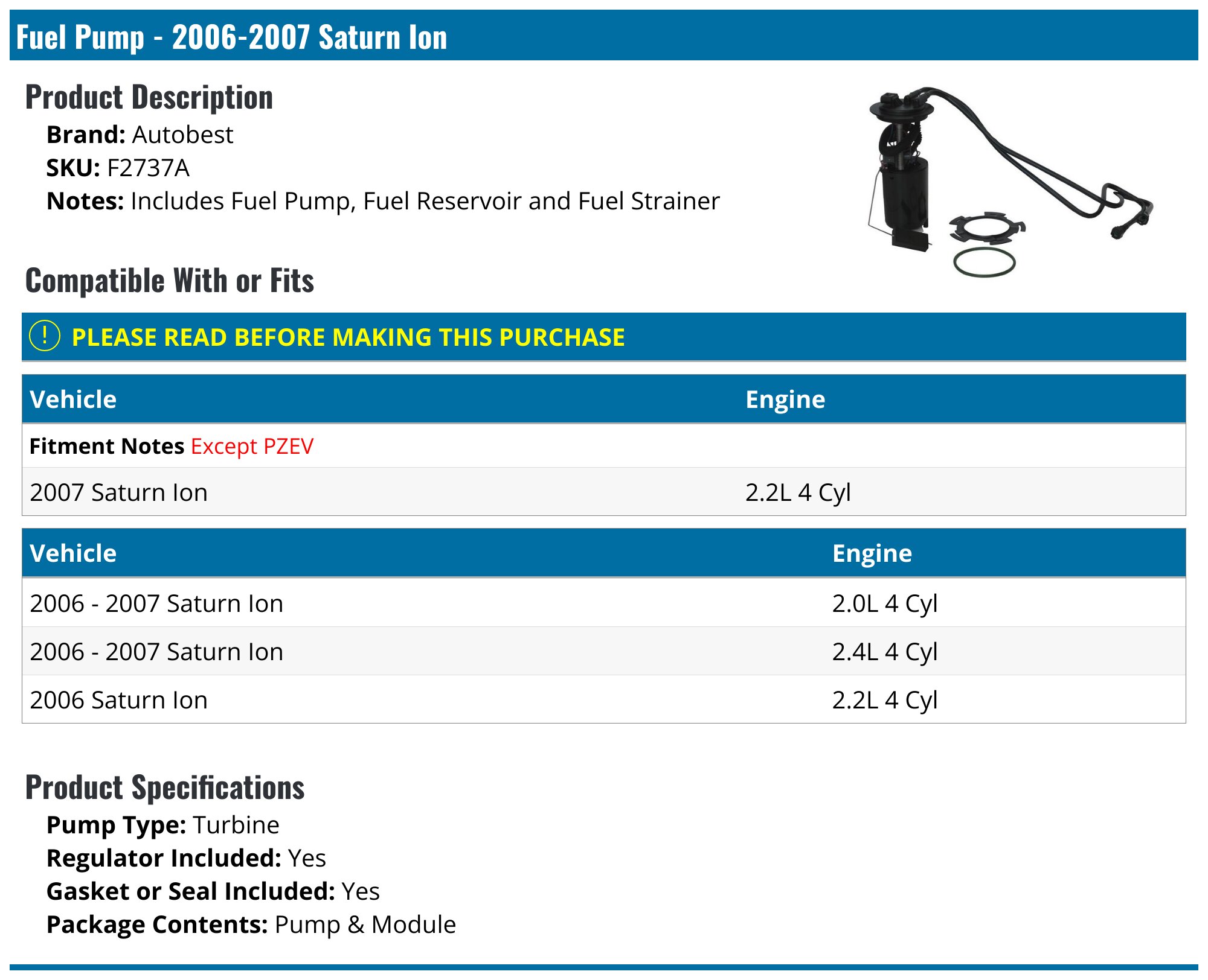 2006-2007 Saturn Ion Fuel Pump - Autobest F2737A - PartsGeek.com