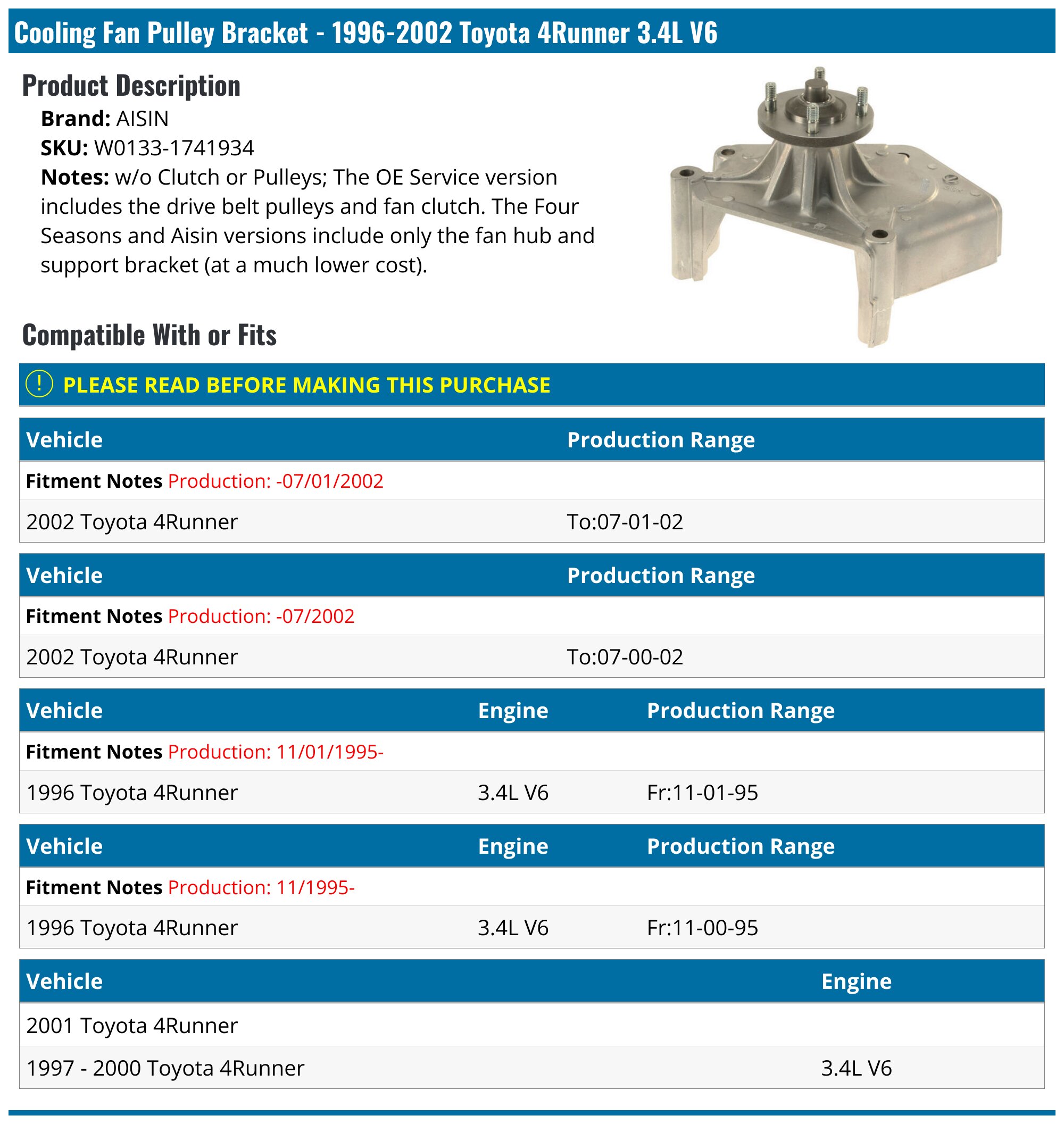 1996-2002 Toyota 4Runner Cooling Fan Pulley Bracket - AISIN W0133 ...