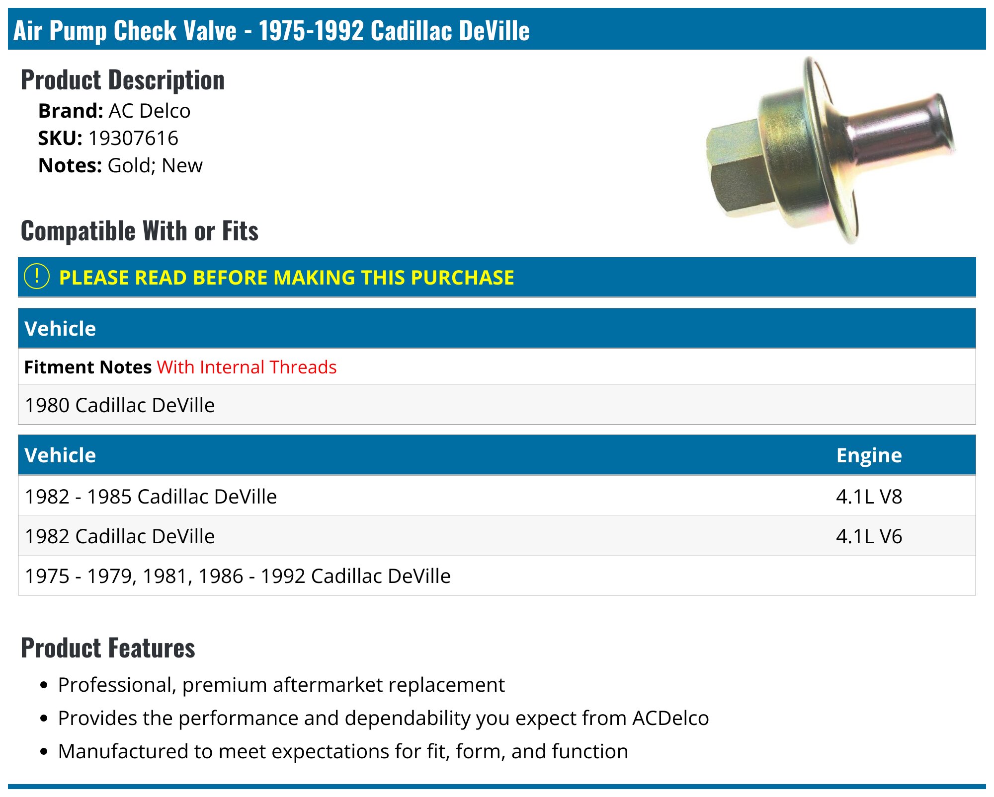 1975-1992 Cadillac DeVille Air Pump Check Valve - AC Delco 19307616 ...