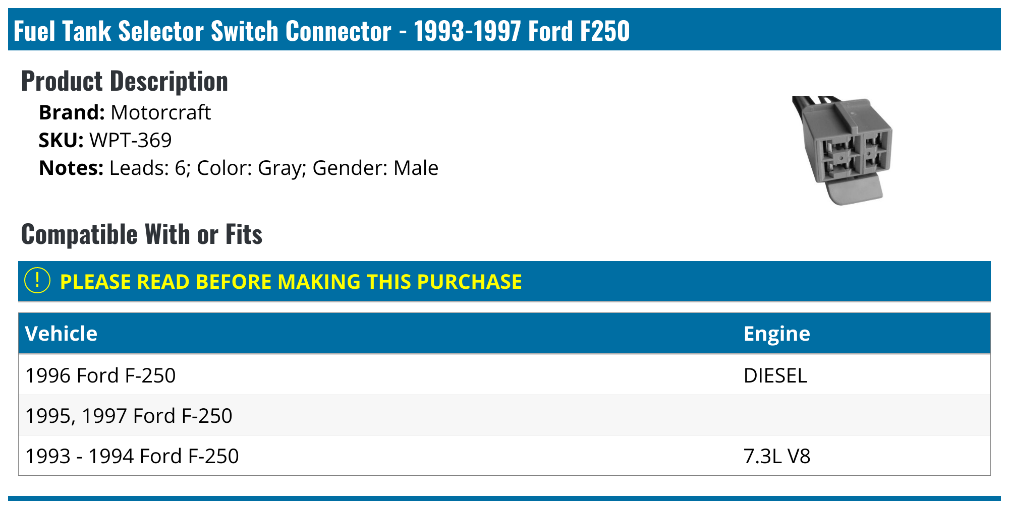 1993-1997 Ford F250 Fuel Tank Selector Switch Connector - Motorcraft ...