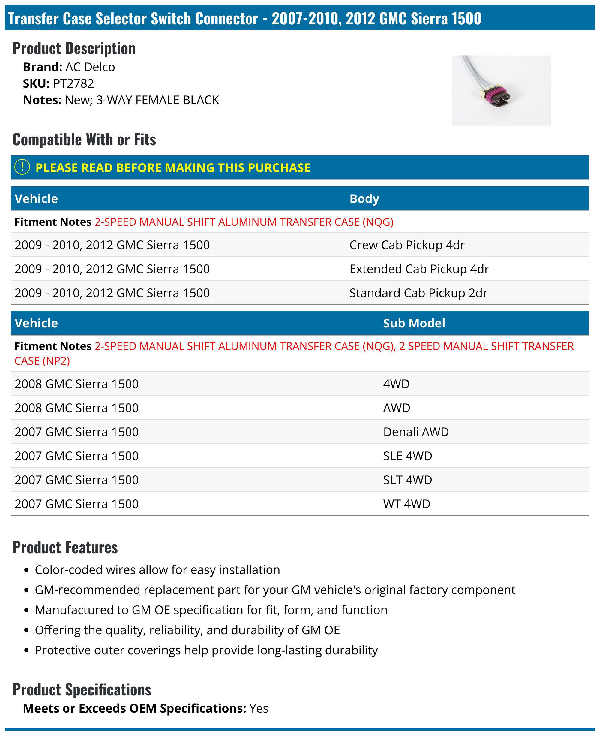 2007-2010, 2012 GMC Sierra 1500 Transfer Case Selector Switch Connector ...