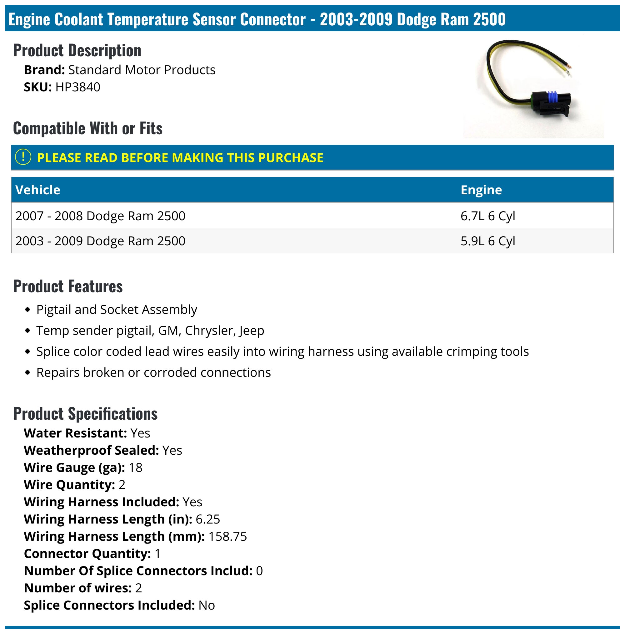 2003-2009 Dodge Ram 2500 Engine Coolant Temperature Sensor Connector ...