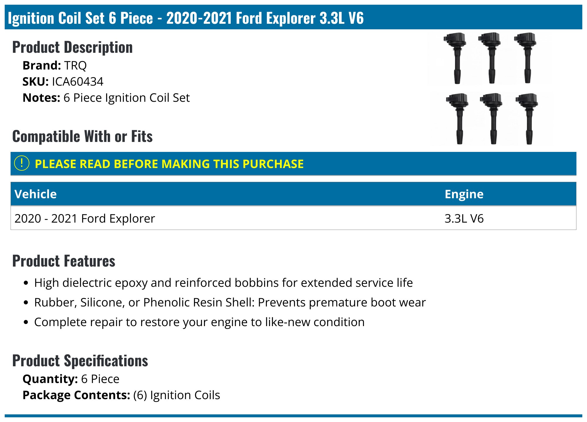 2020-2021 Ford Explorer Ignition Coil - TRQ ICA60434 - PartsGeek.com