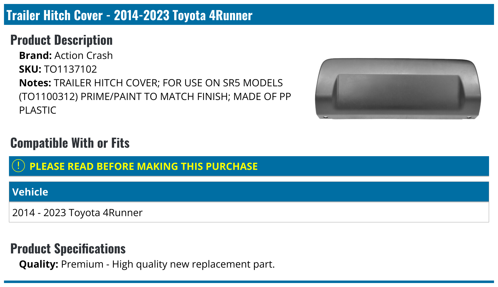 2014-2024 Toyota 4Runner Trailer Hitch Cover - Action Crash TO1137102 ...