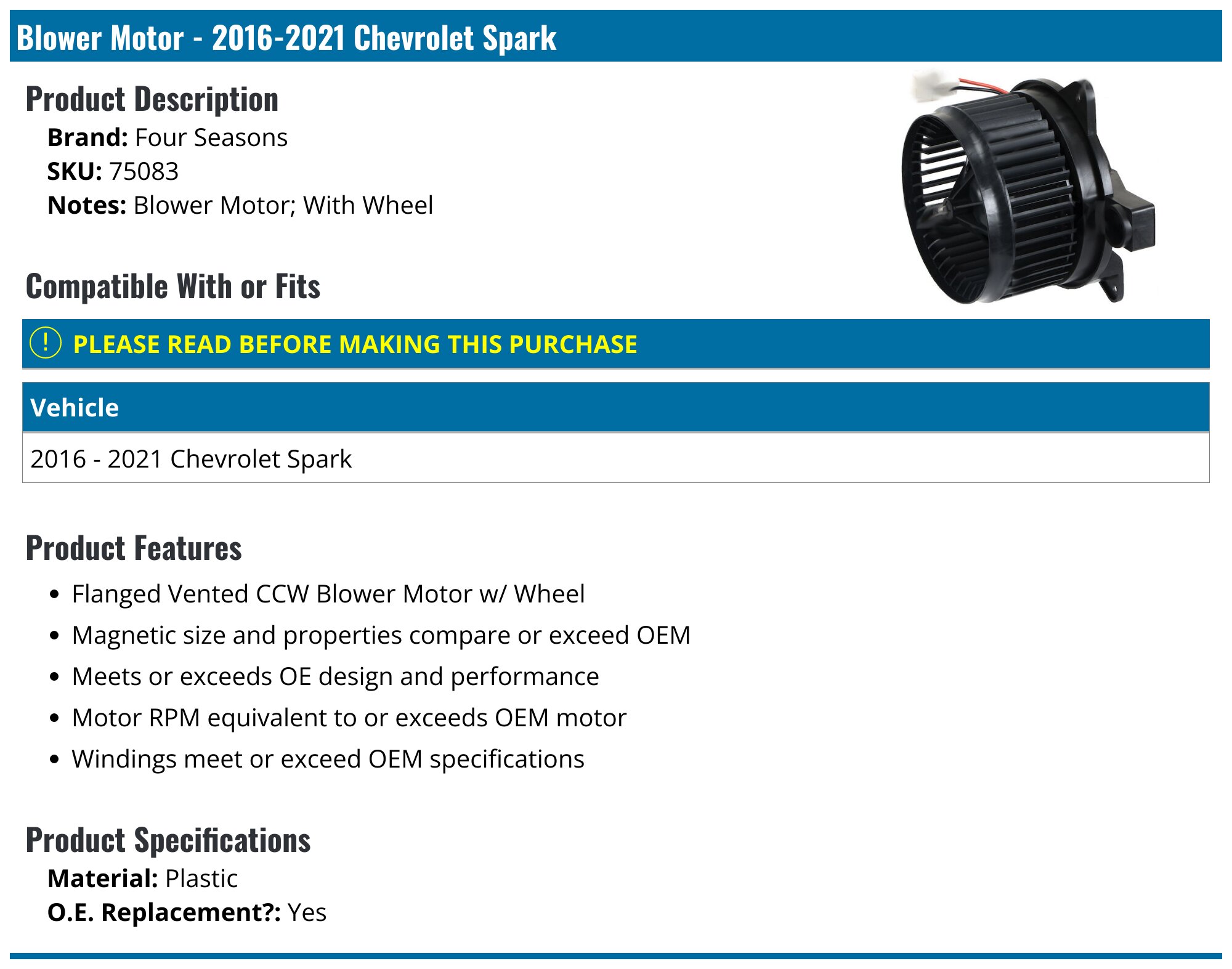 2016-2022 Chevrolet Spark Blower Motor - Four Seasons 75083 - PartsGeek.com