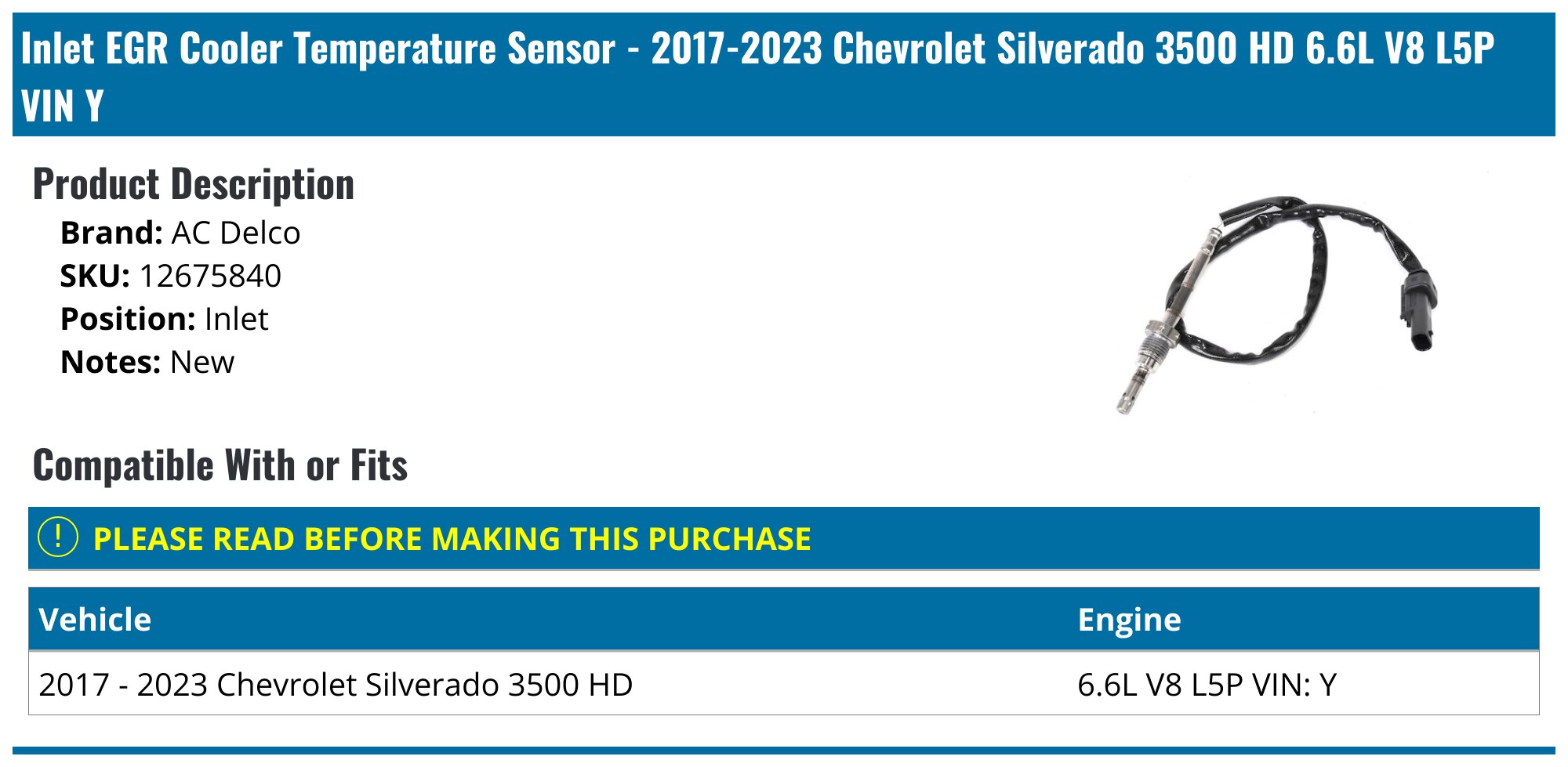 2017-2023 Chevrolet Silverado 3500 HD EGR Cooler Temperature Sensor ...