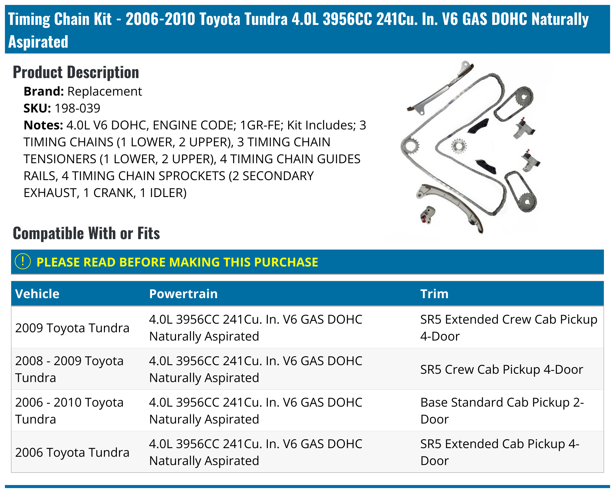 2006-2010 Toyota Tundra Timing Chain - Replacement 198-039 - PartsGeek.com
