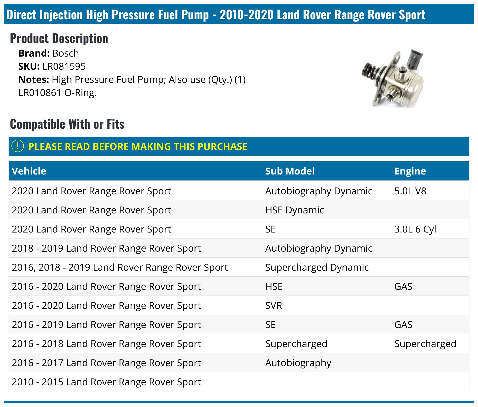 2010-2020 Land Rover Range Rover Sport Fuel Pump - Bosch LR081595 ...