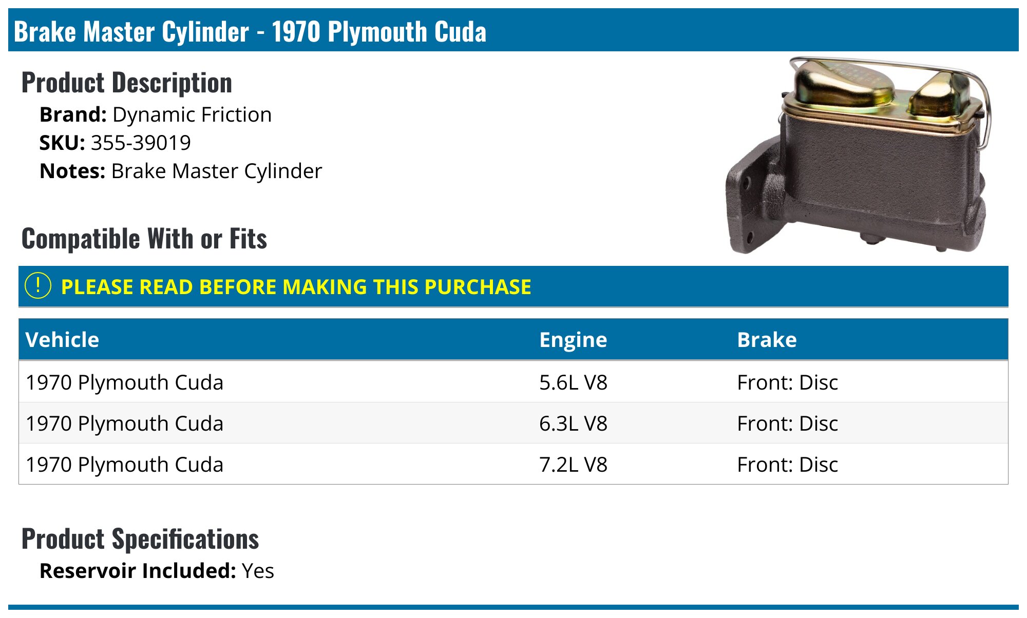 1970 Plymouth Cuda Brake Master Cylinder - Dynamic Friction 355-39019 ...