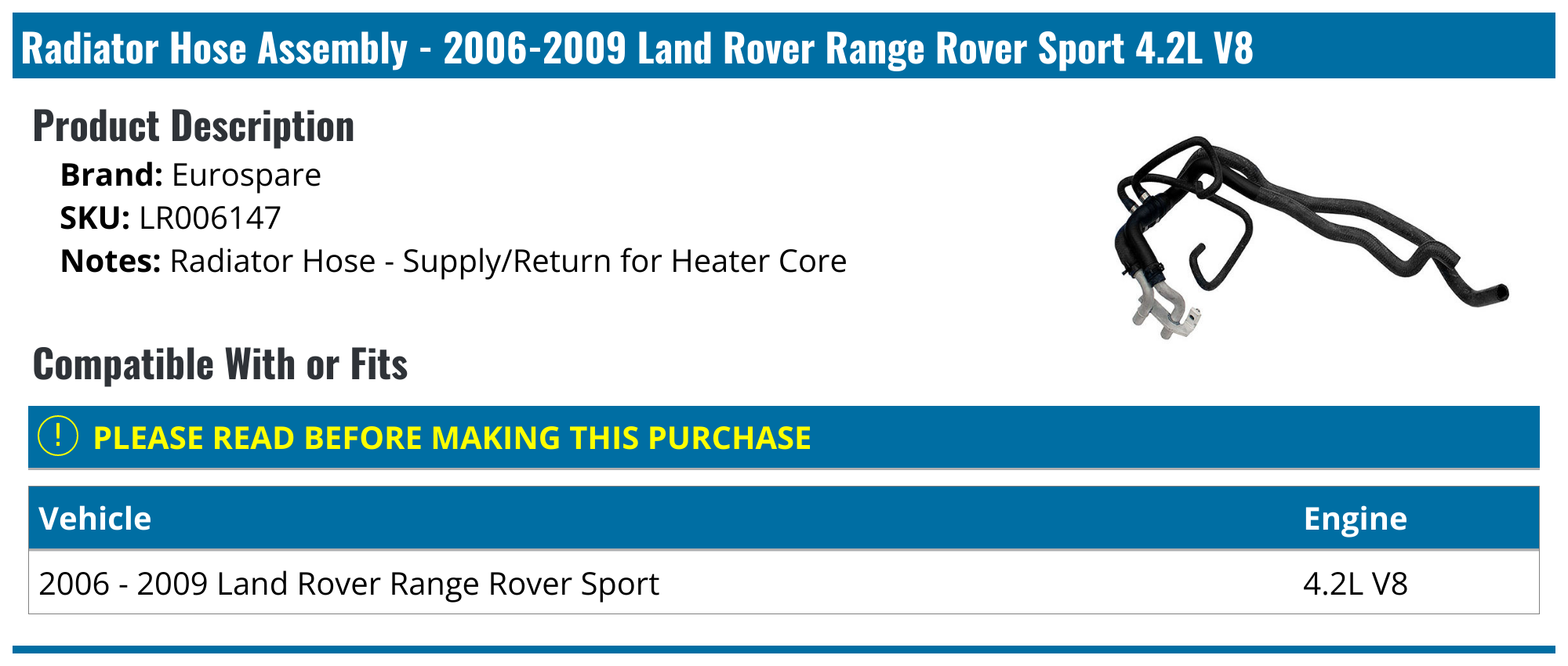 2006-2009 Land Rover Range Rover Sport Radiator Hose - Eurospare ...