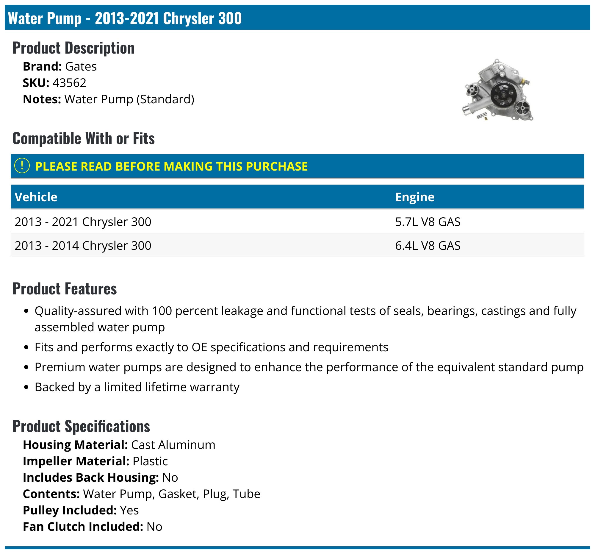 2013-2023 Chrysler 300 Water Pump - Gates 43562 - PartsGeek.com