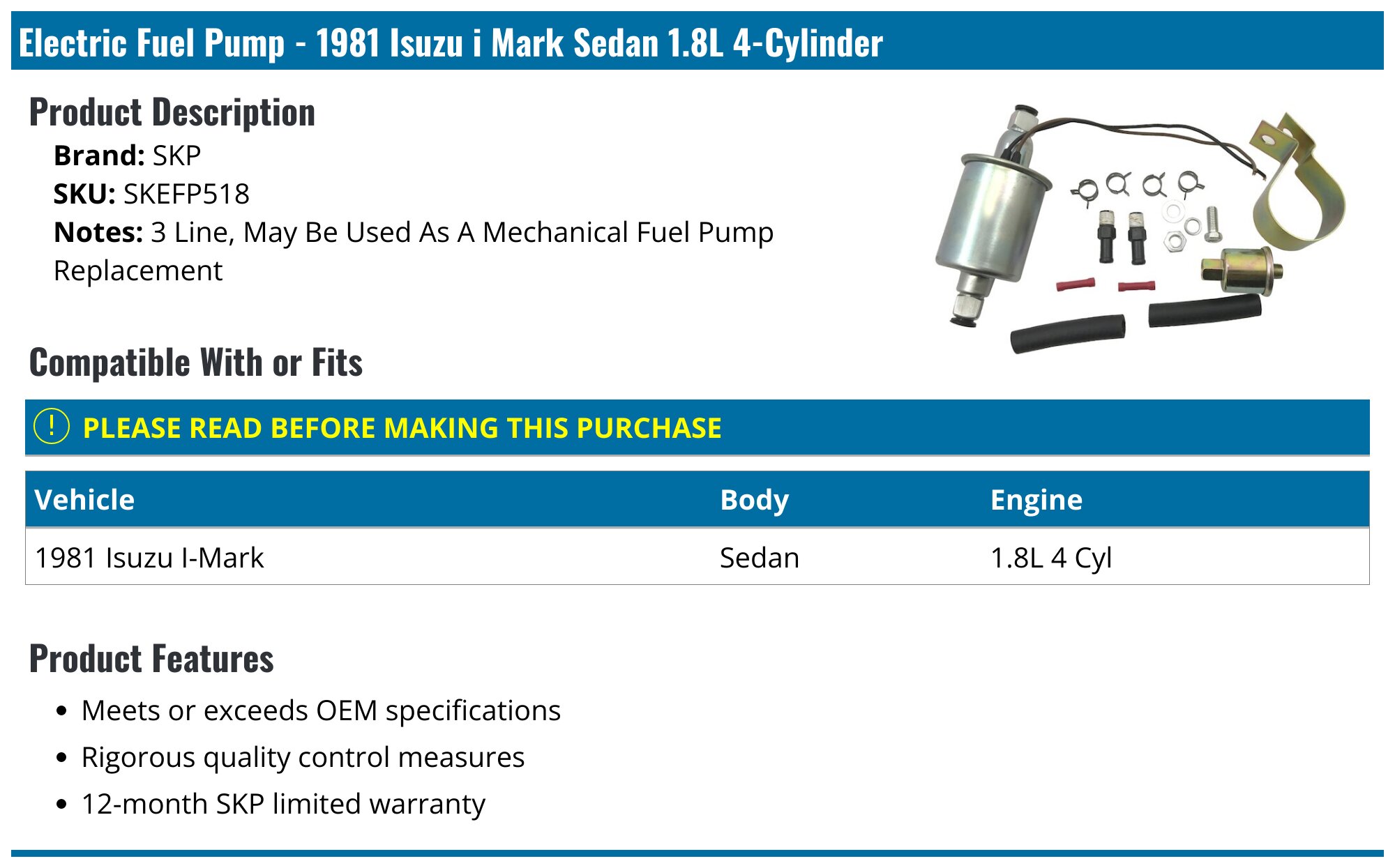 1981 Isuzu i Mark Fuel Pump - SKP SKEFP518 - PartsGeek.com