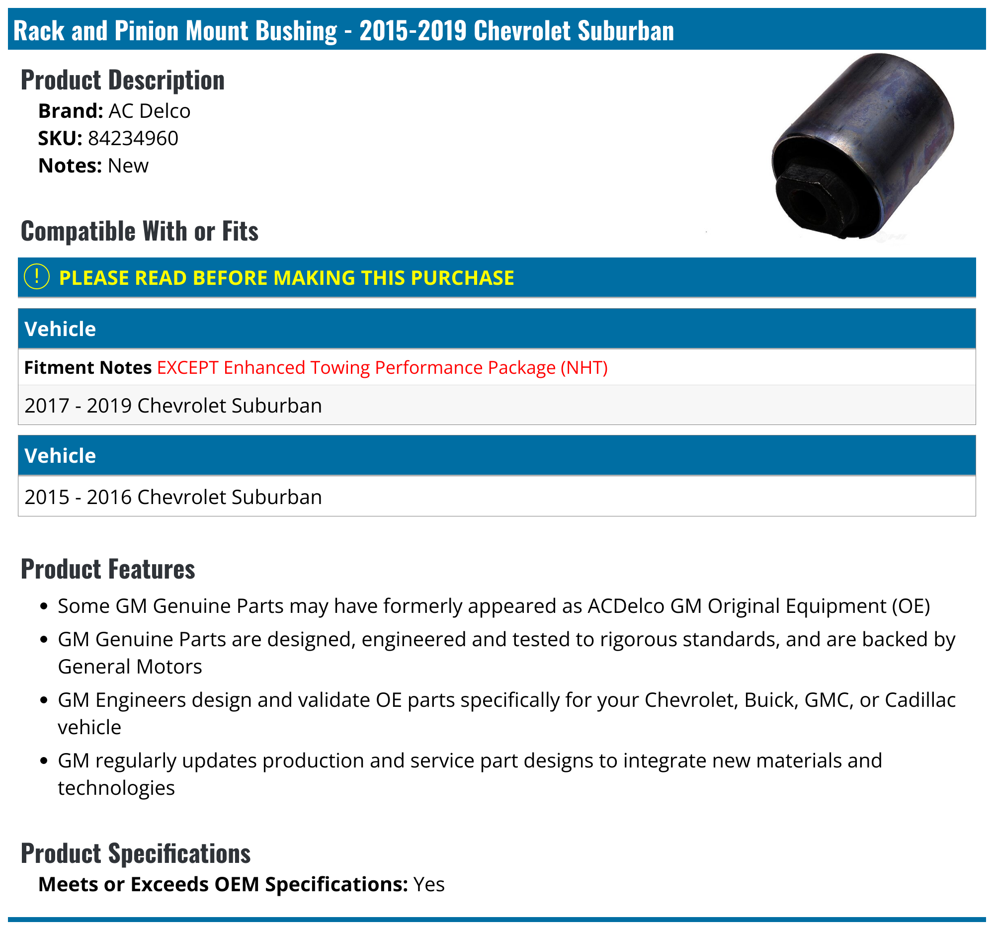 2015-2020 Chevrolet Suburban Rack and Pinion Bushing - AC Delco ...