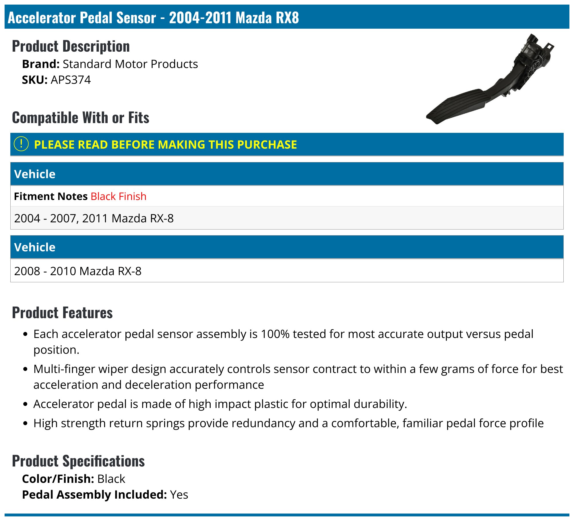 2004-2011 Mazda RX8 Accelerator Pedal Sensor - Standard Motor Products ...