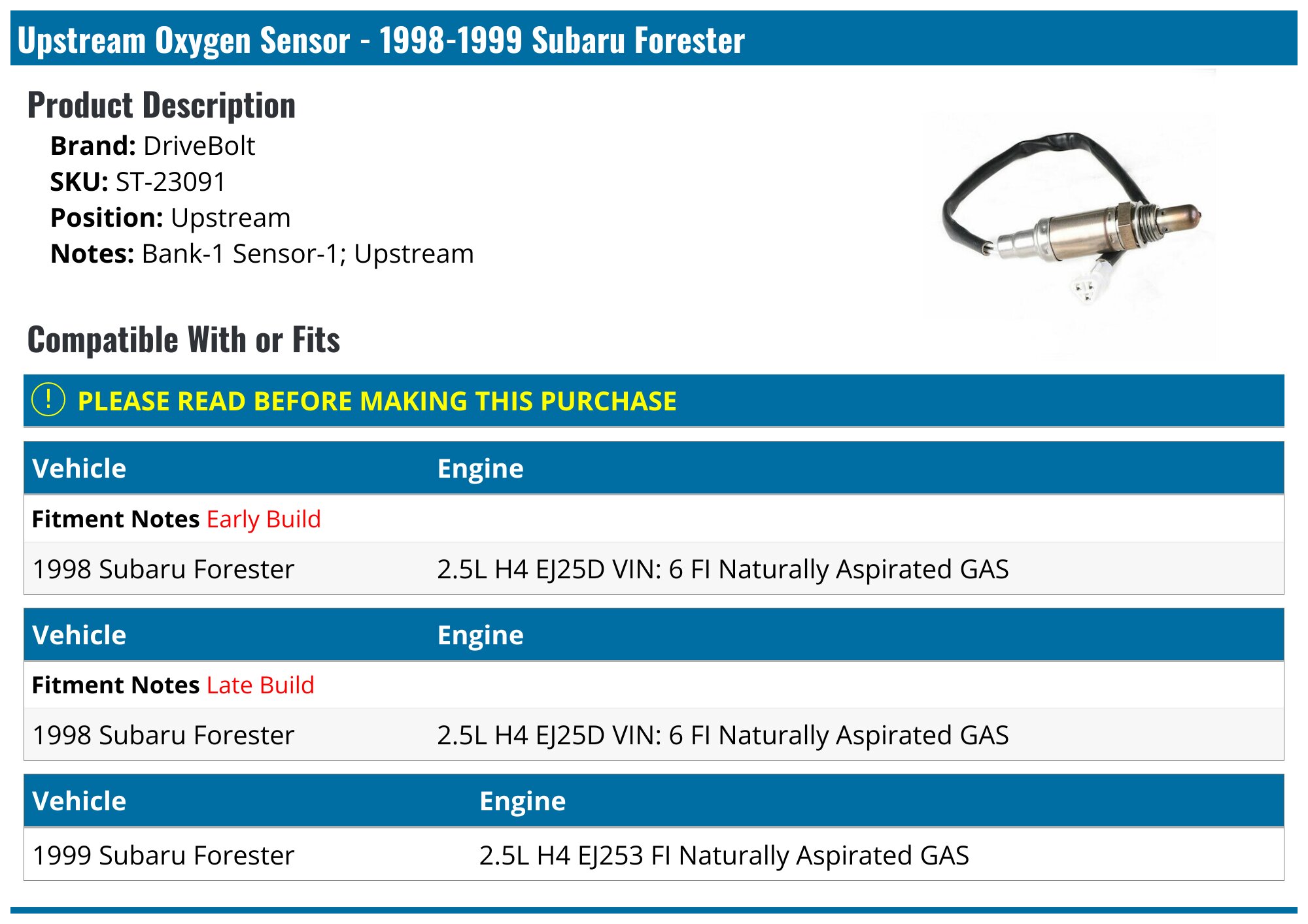 1998-1999 Subaru Forester Oxygen Sensor - DriveBolt ST-23091 - Upstream ...