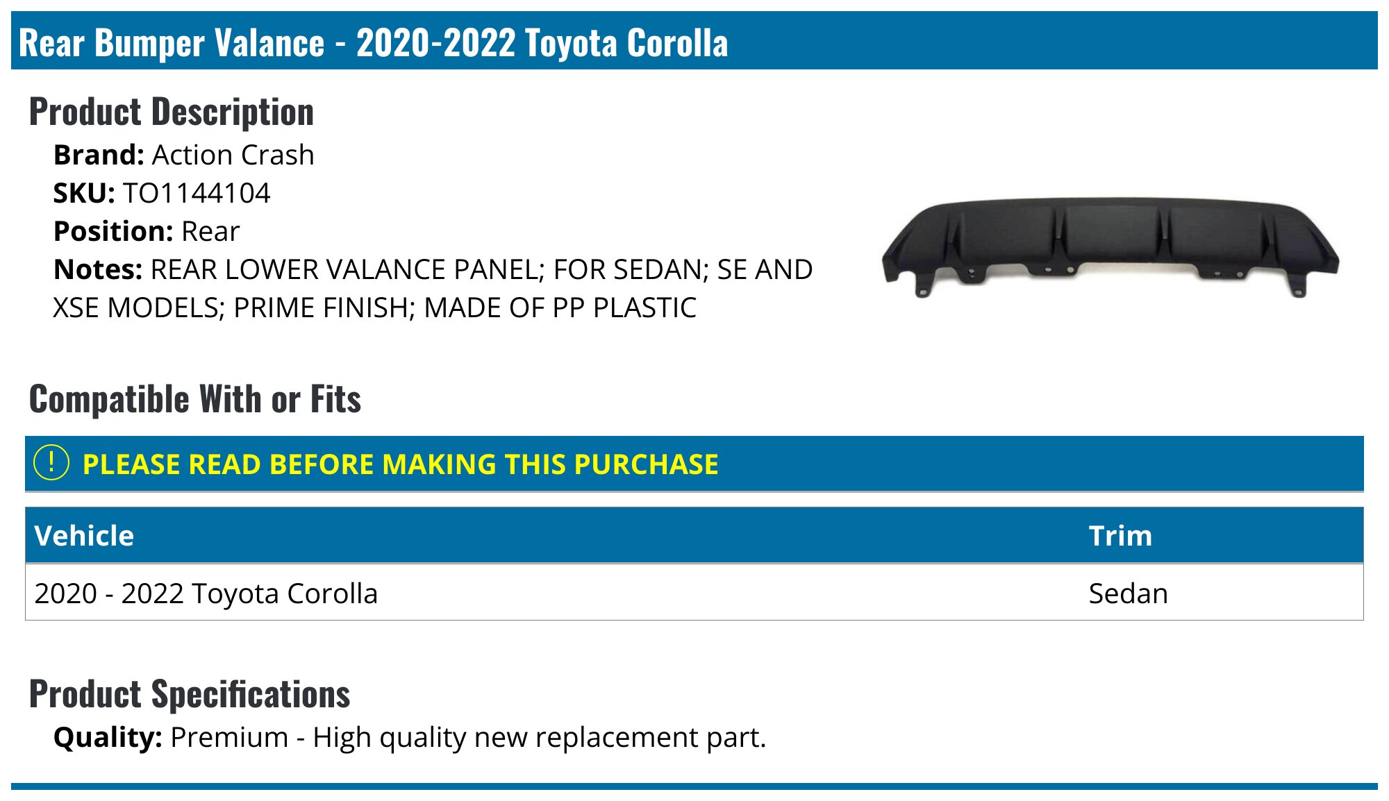 2020-2022 Toyota Corolla Bumper Valance - Action Crash TO1144104 - Rear ...